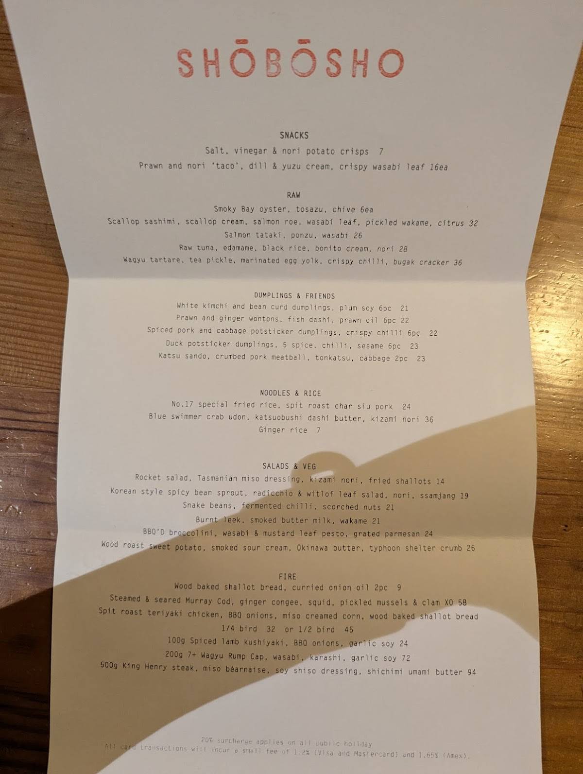 Menu at Shobosho restaurant, Adelaide