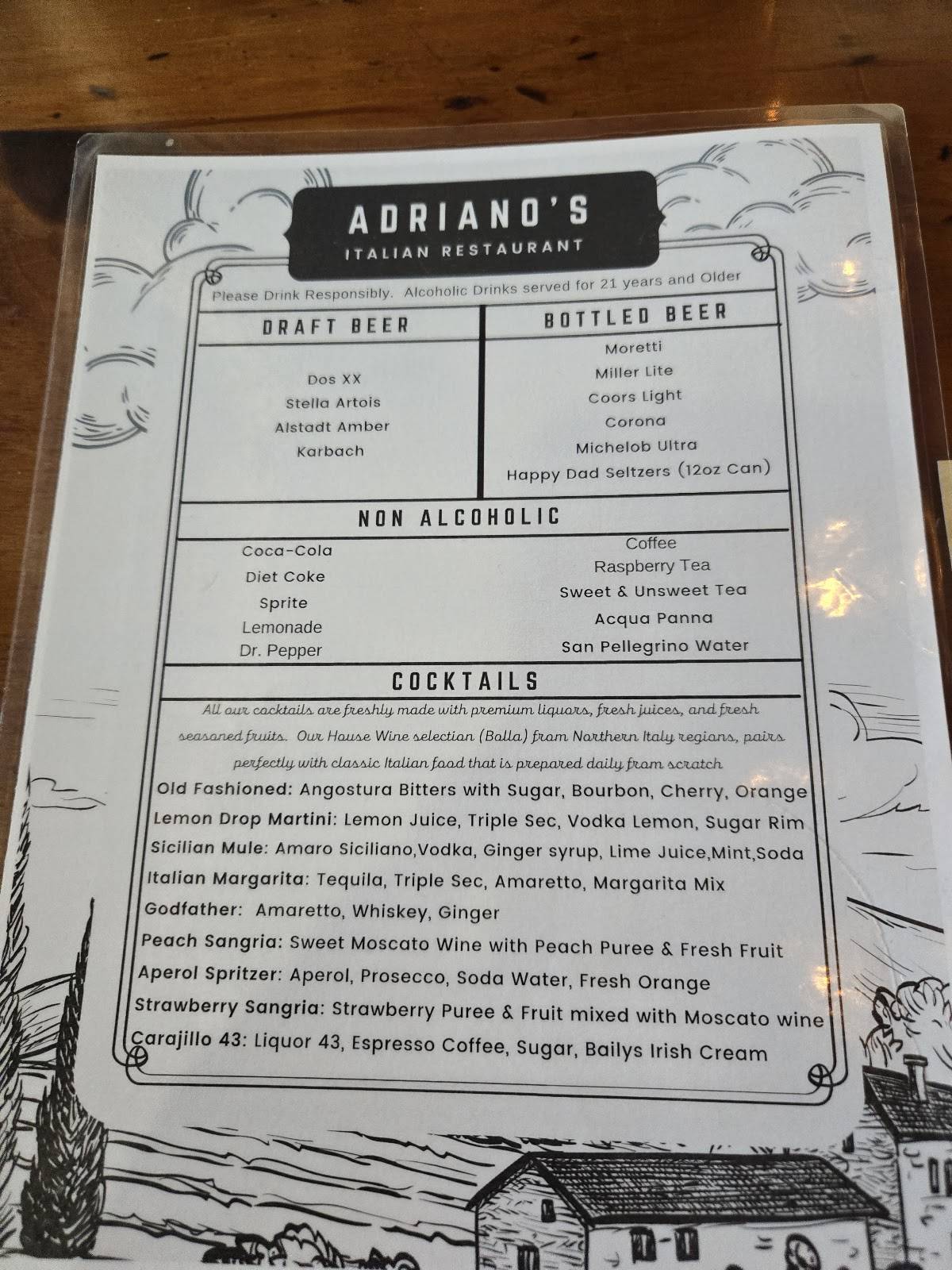 Menu at Adriano's Italian Restaurant, Marble Falls