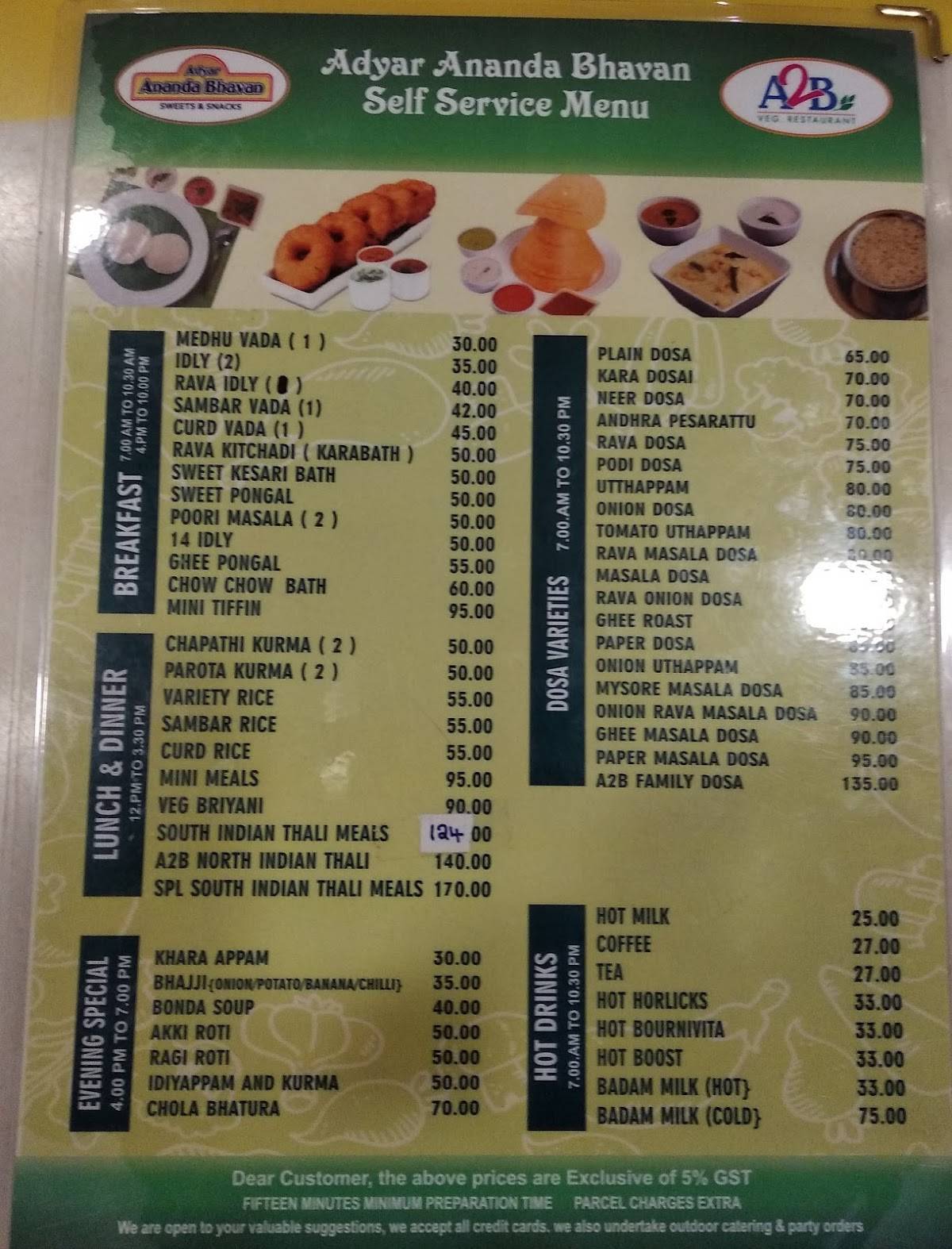 Menu at Adyar Ananda Bhavan - A2B, Doddathoguru