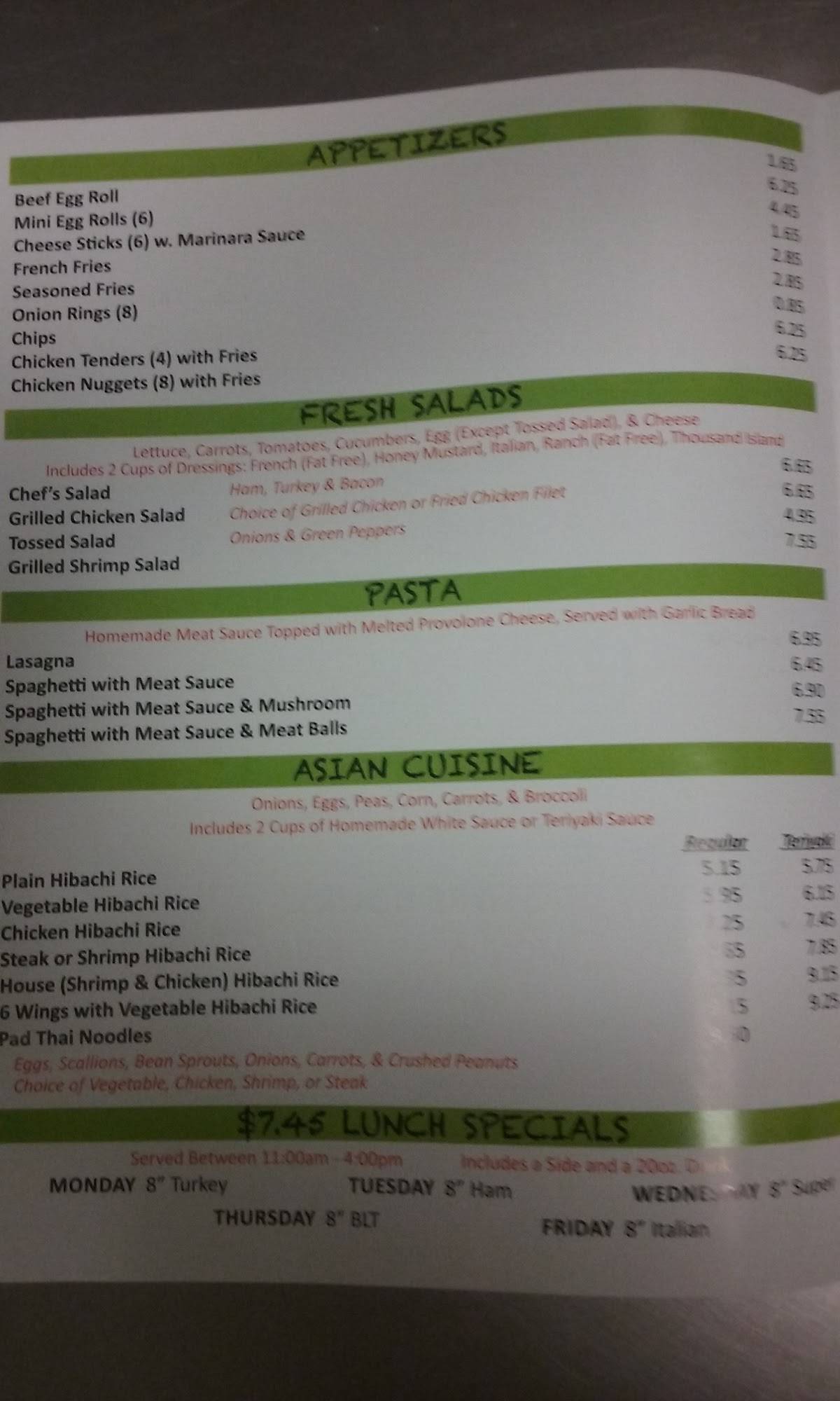 Menu at Aggie's Hot Subs restaurant, Wilson
