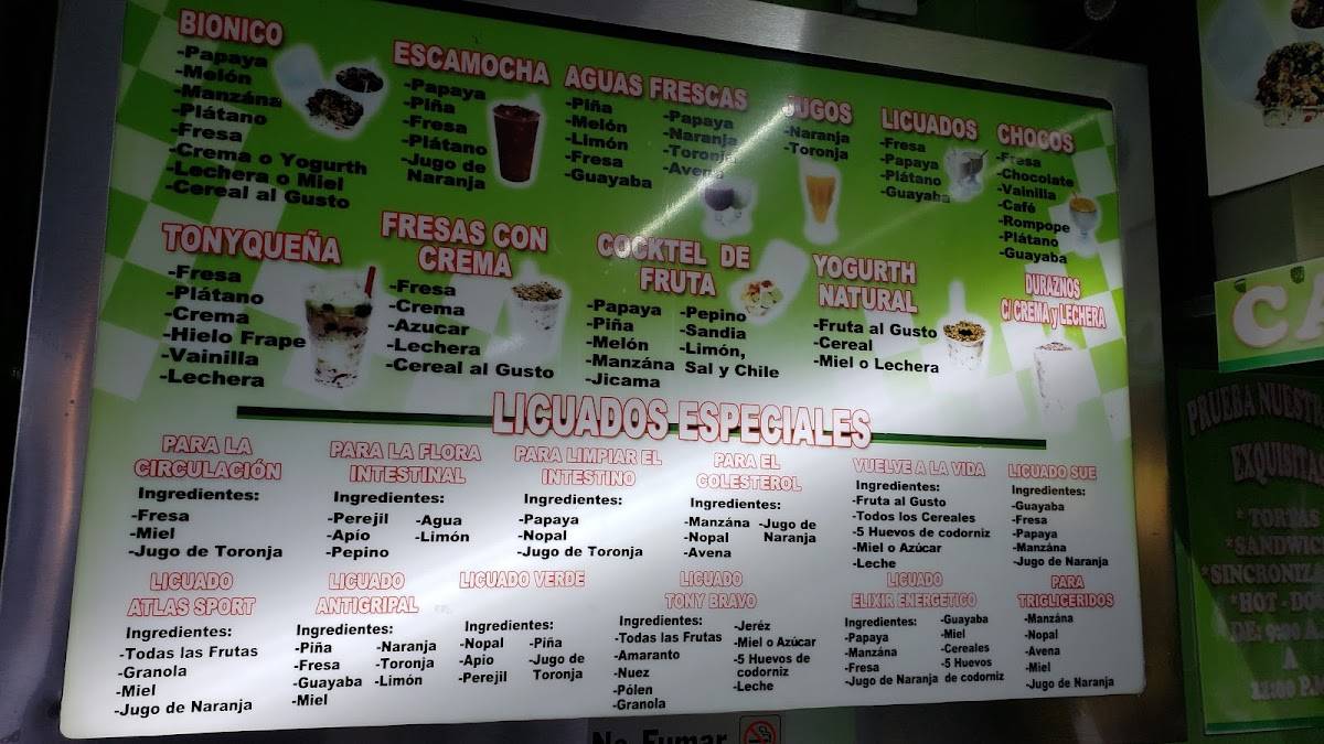 Carta del pub y bar Jugos y Chocos Tony, Aguascalientes, Profesor ...