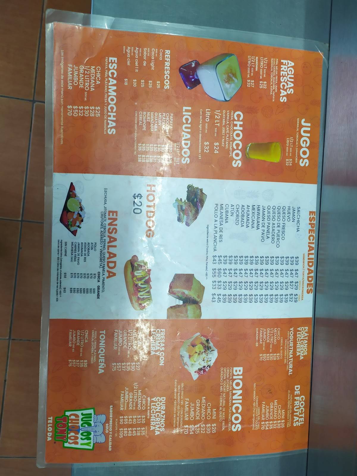 Carta del pub y bar Jugos y Chocos Tony, Aguascalientes, Profesor ...