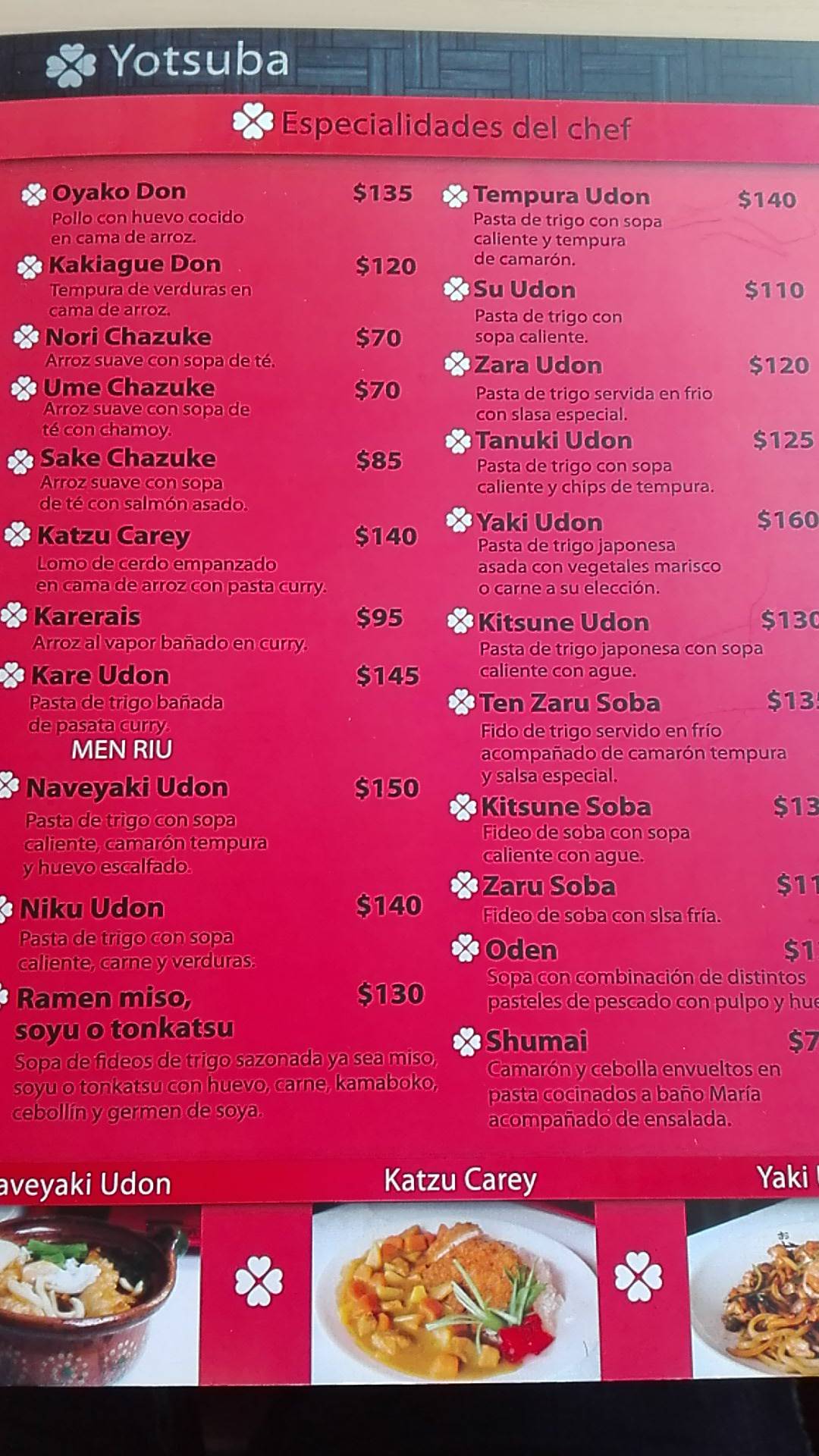 Carta del restaurante Yotsuba Sushi Norte, Aguascalientes, Plaza Privilege