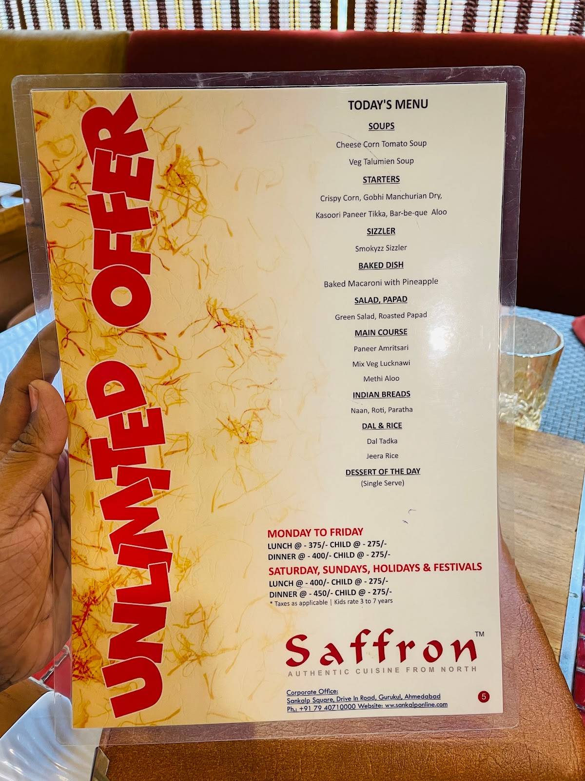 Menu at Saffron Restaurant, Ahmedabad, 1st Floor