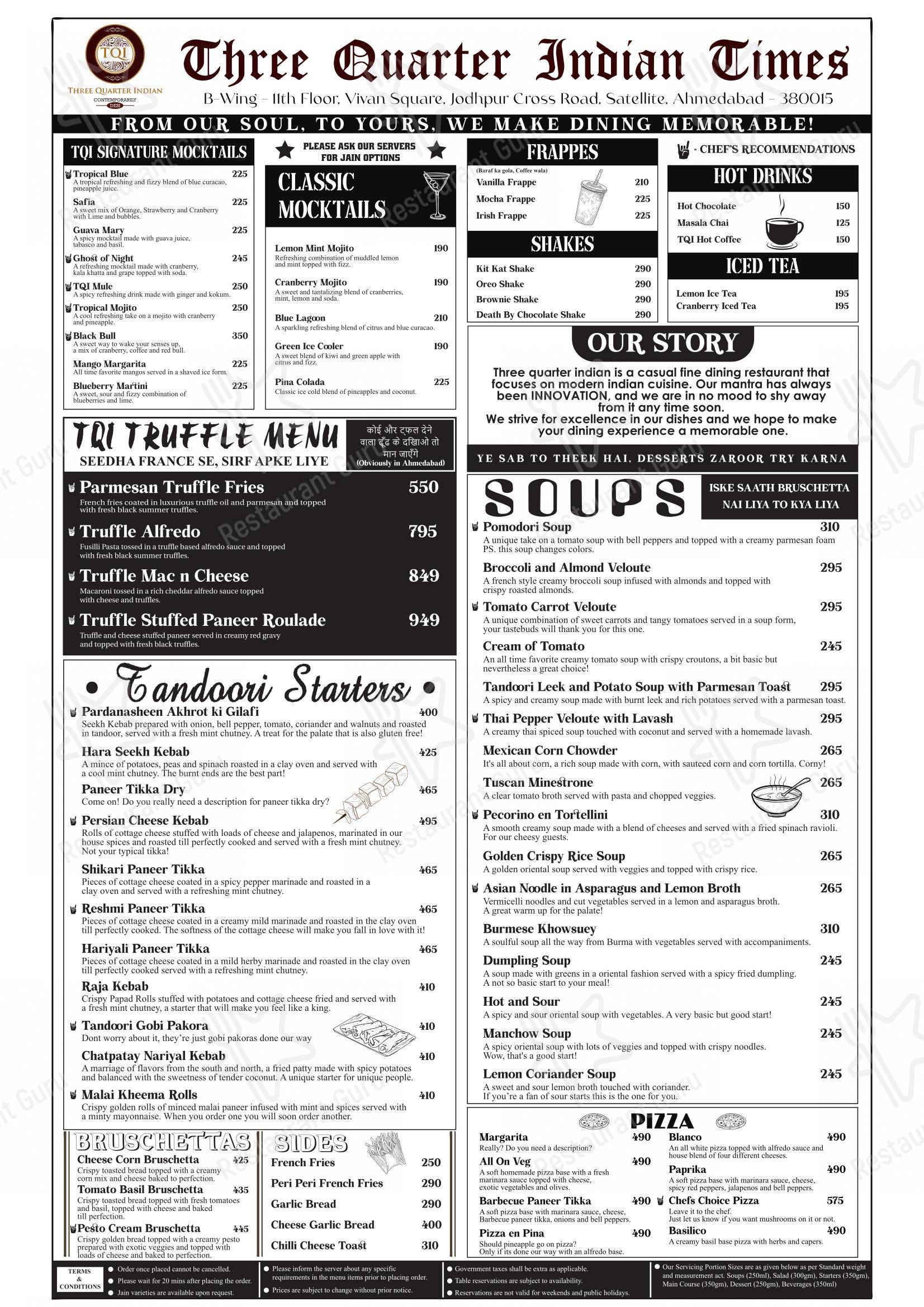 Menu at Three Quarter Indian, Ahmedabad