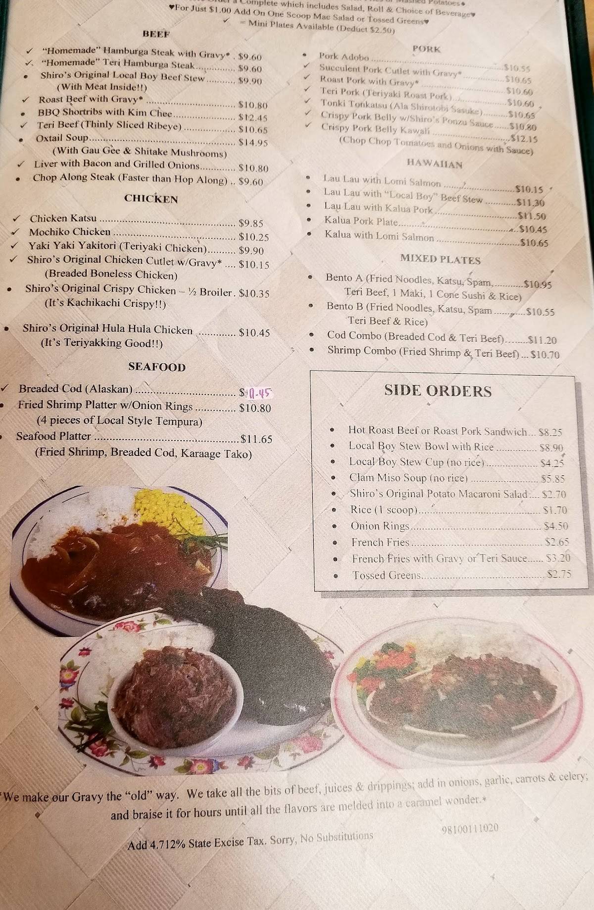 Menu at Shiro's Saimin Haven restaurant, Aiea