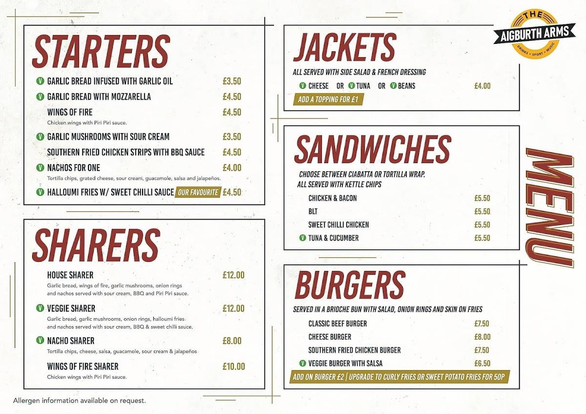 Menu at Aigburth Arms pub & bar, Liverpool