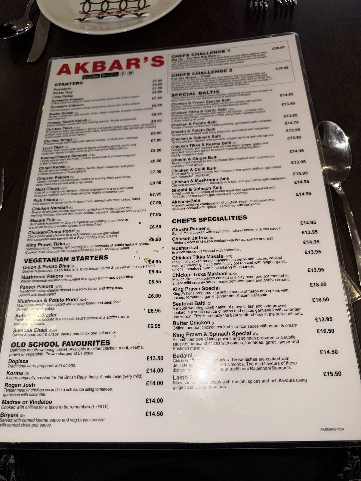 Menu at Akbar's Restaurant, Manchester