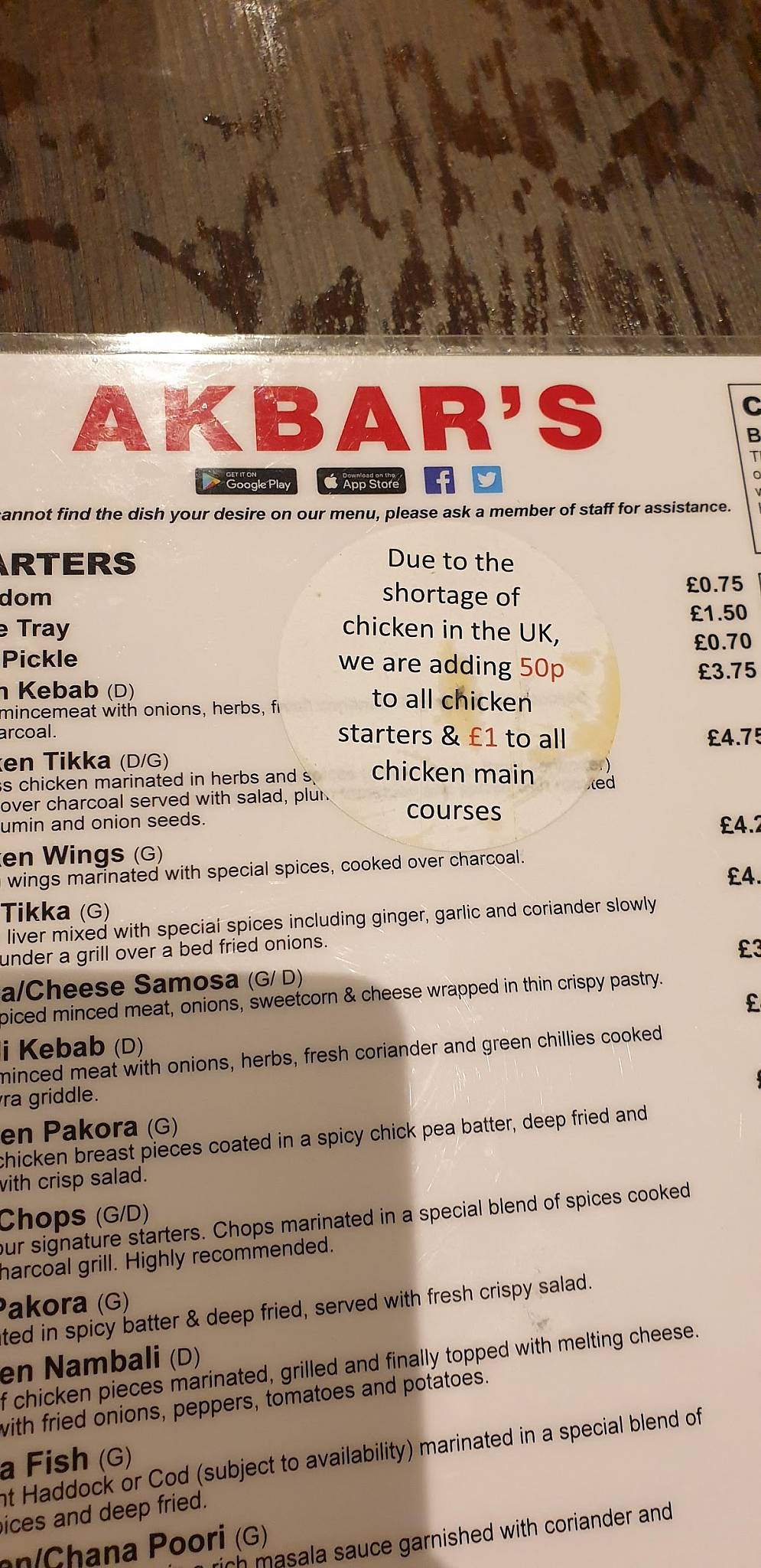 Menu at Akbar's Restaurant, Manchester