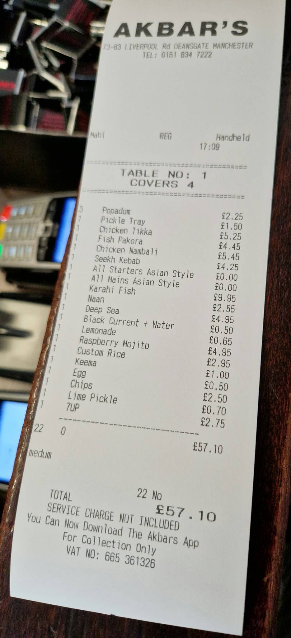 Menu at Akbar's Restaurant, Manchester