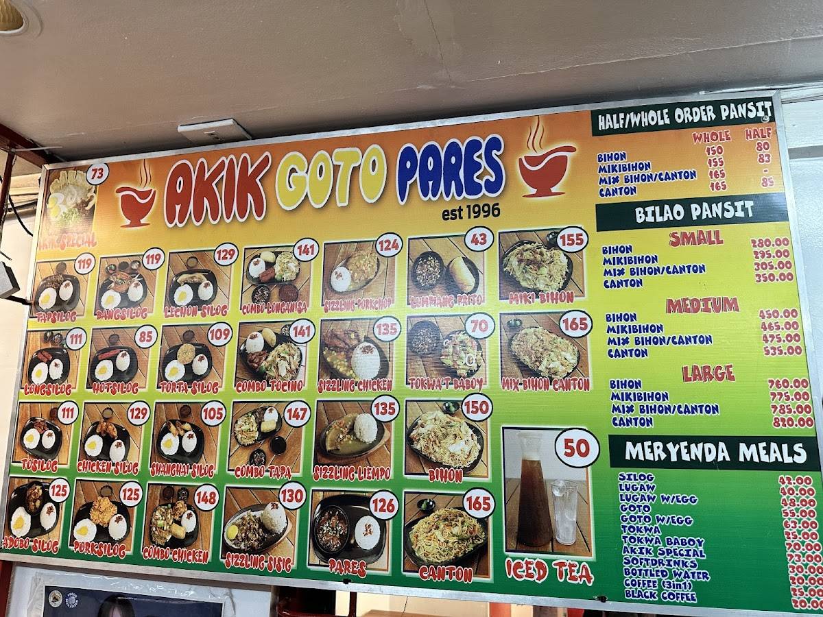 Menu at Akik Goto Pares restaurant, Makati, P. Domingo