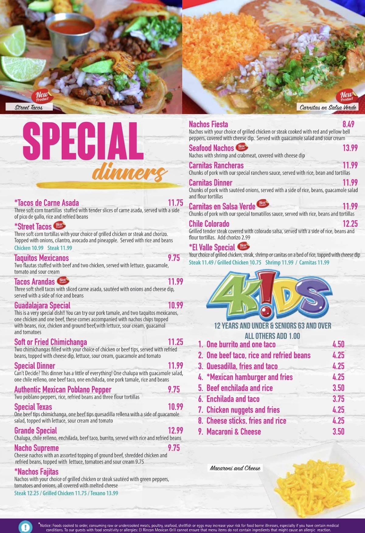 Menu at El Rincon restaurant, Akron