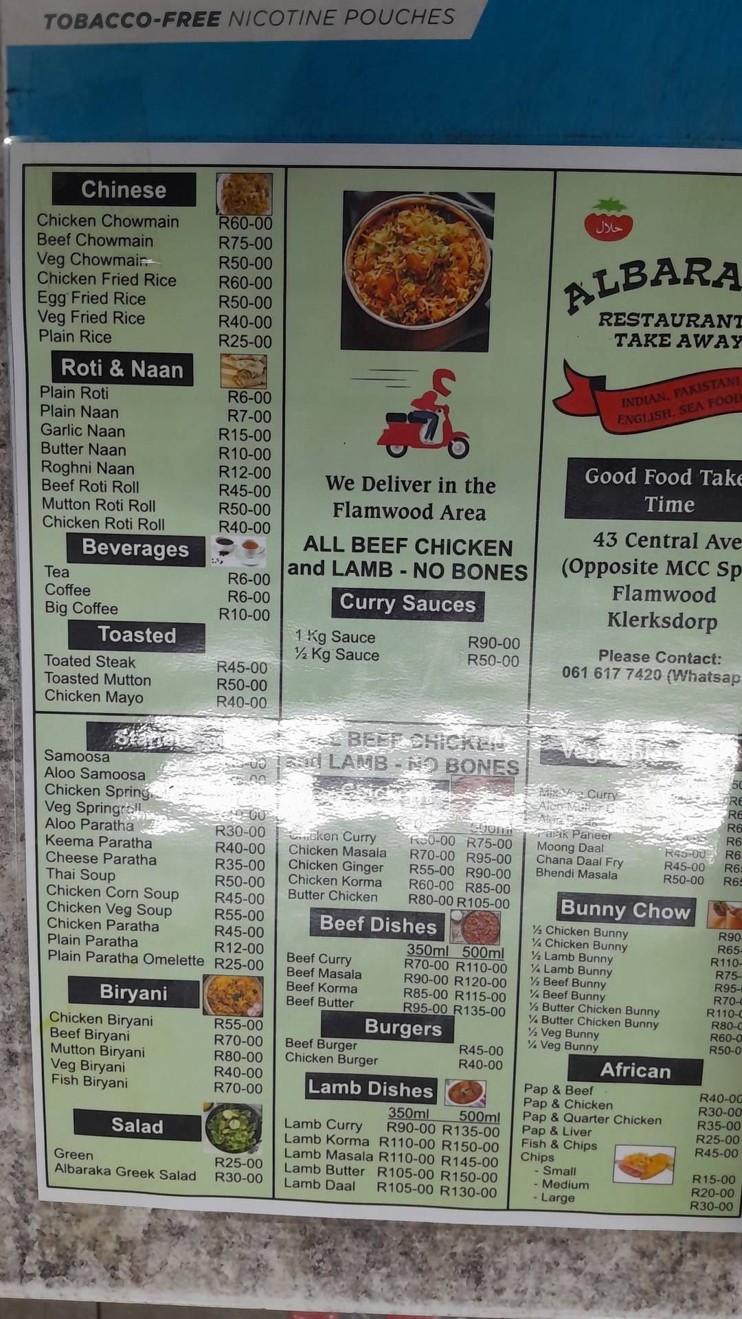 Menu at Al Baraka Indian Take Aways, Klerksdorp