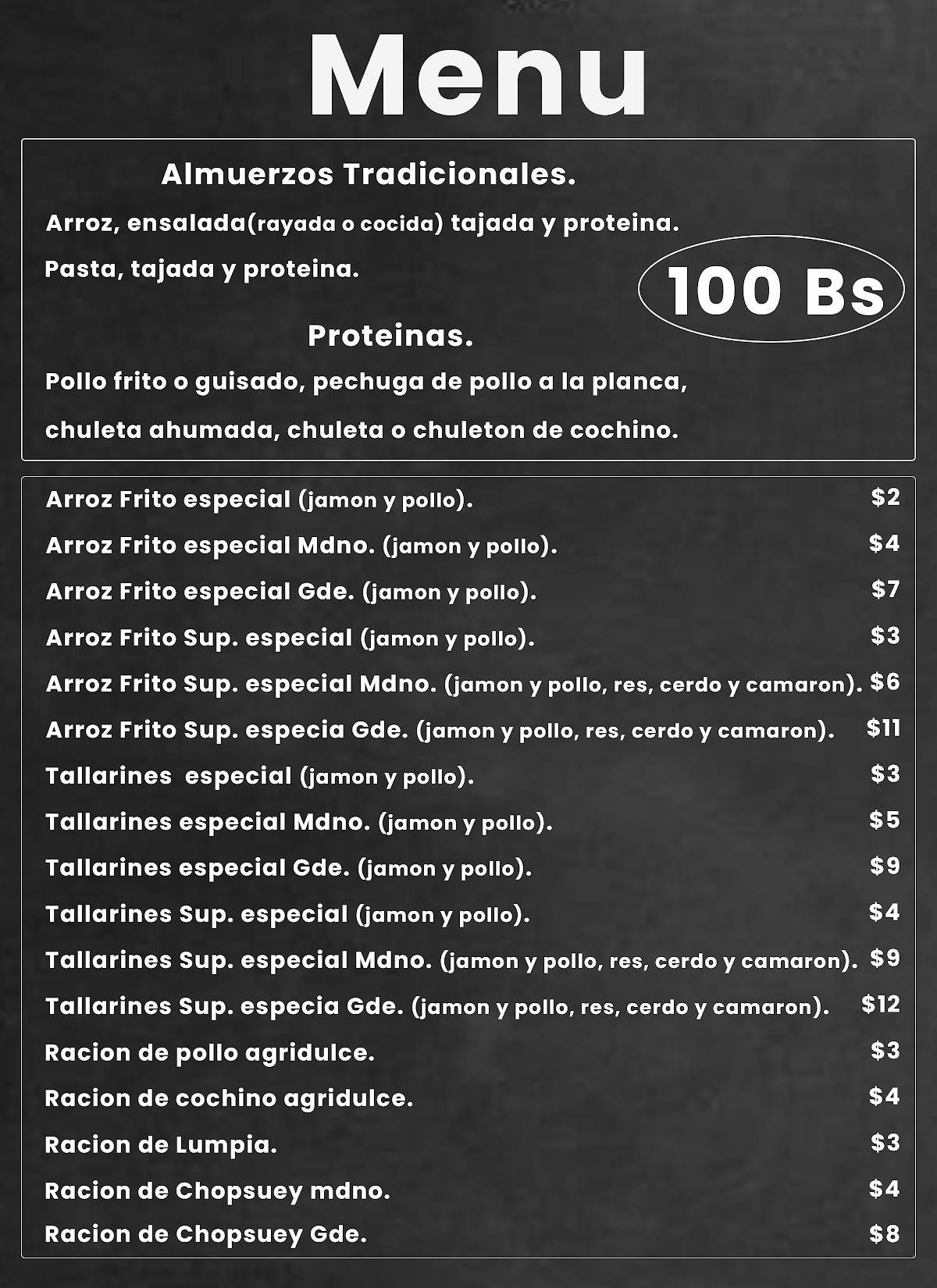 Carta del restaurante Al estilo Oriental con Sazón Venezolano, Yarumal