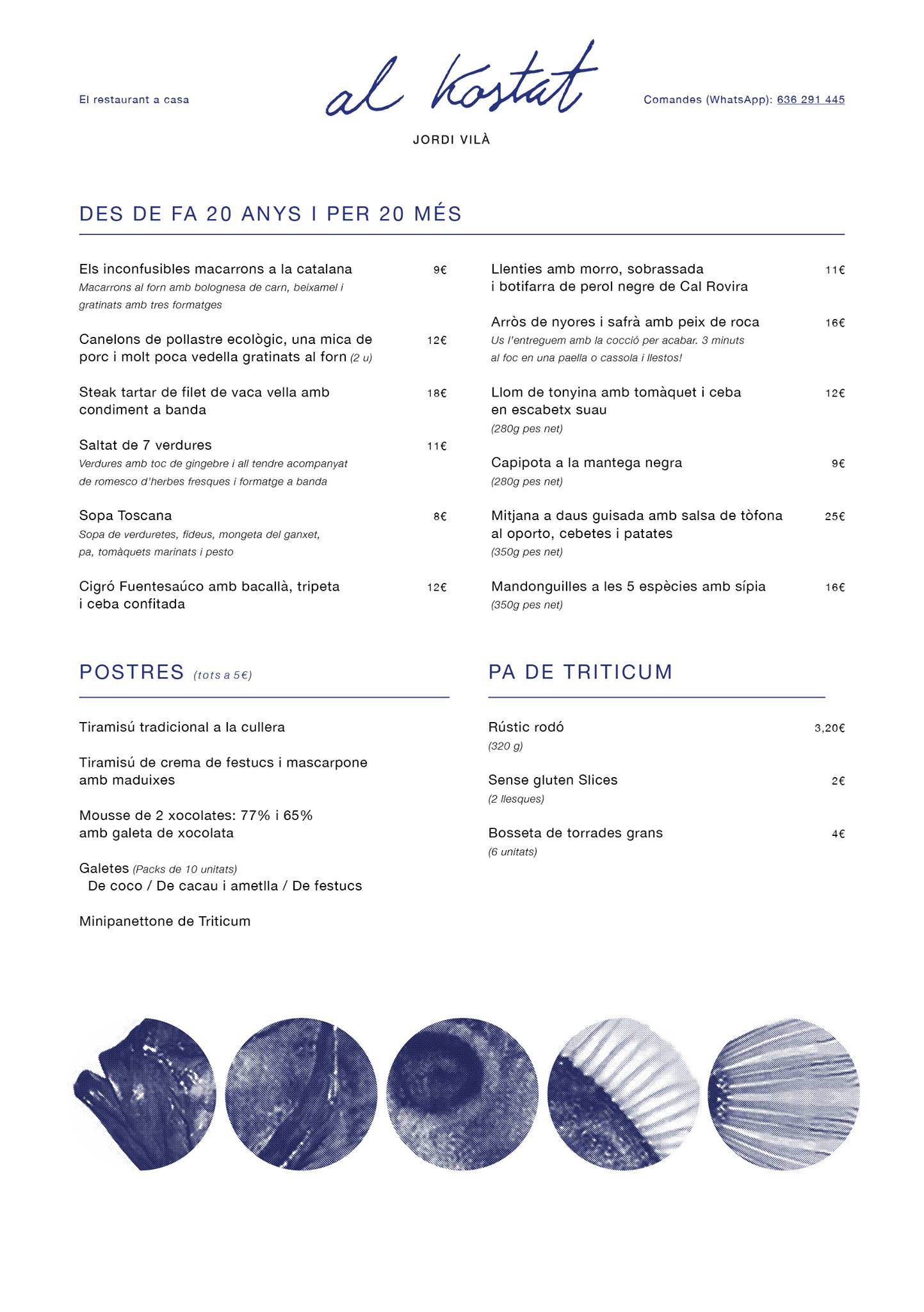 Carta del restaurante Al kostat, Barcelona