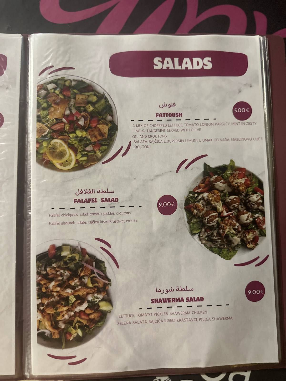 Menu at Aladdin cave Arabic restaurant, Zagreb