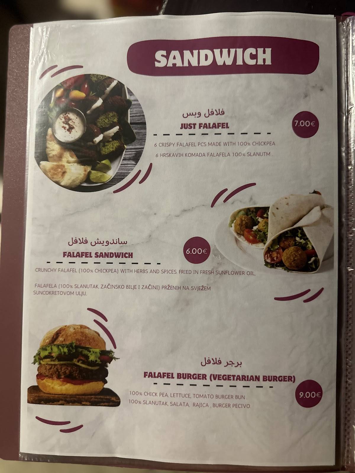 Menu at Aladdin cave Arabic restaurant, Zagreb