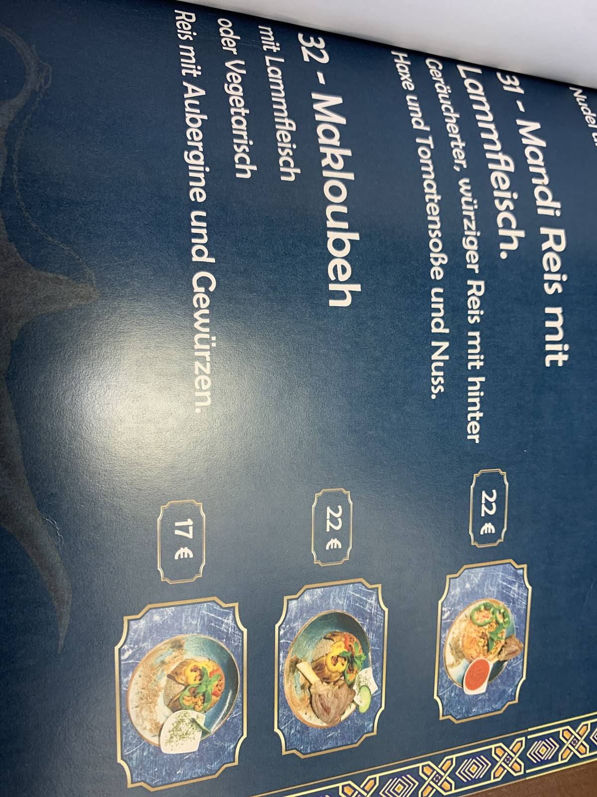 Menu at Aladdin restaurant, Freiburg