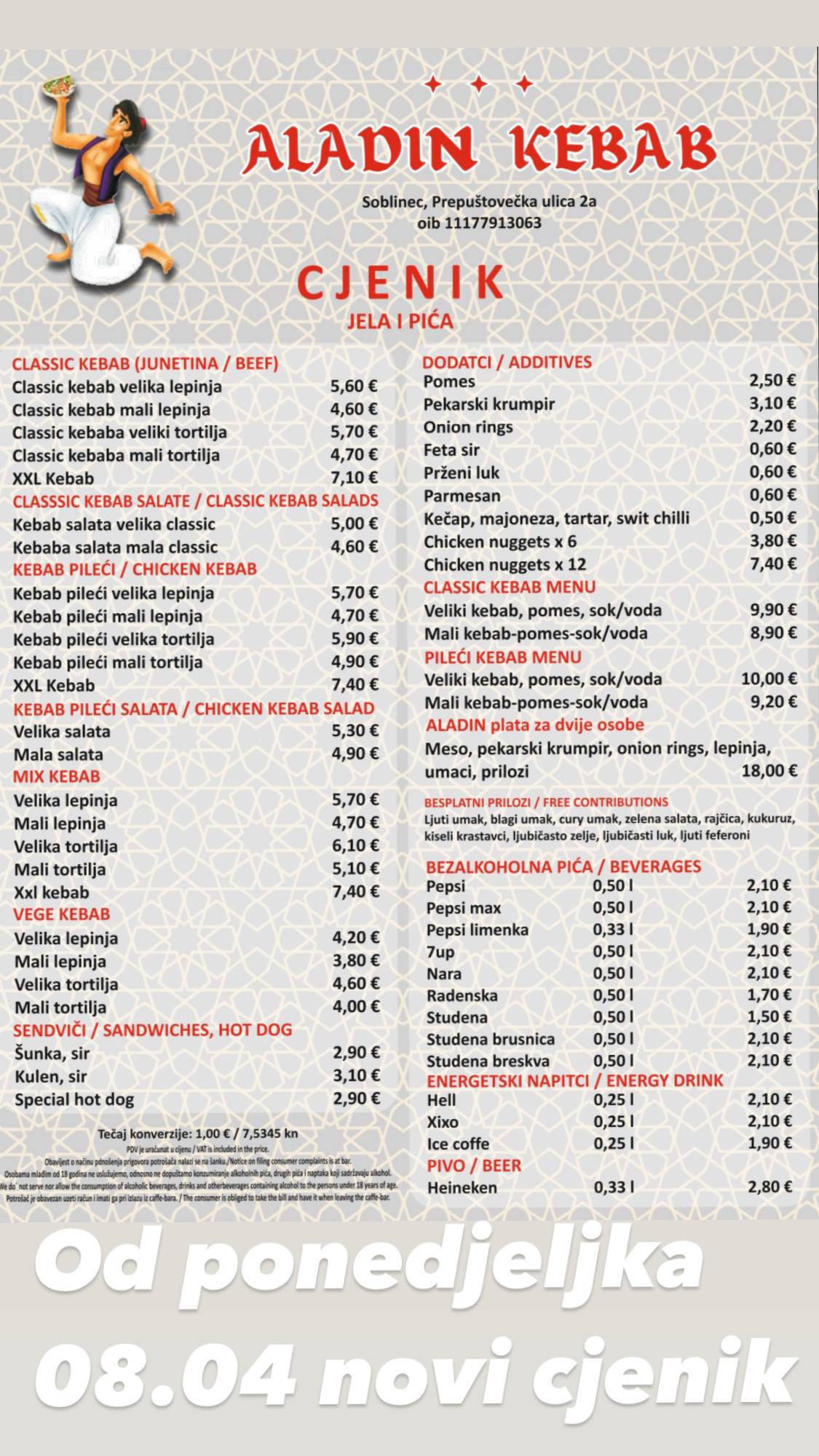Menu da Aladin Kebab, Soblinec