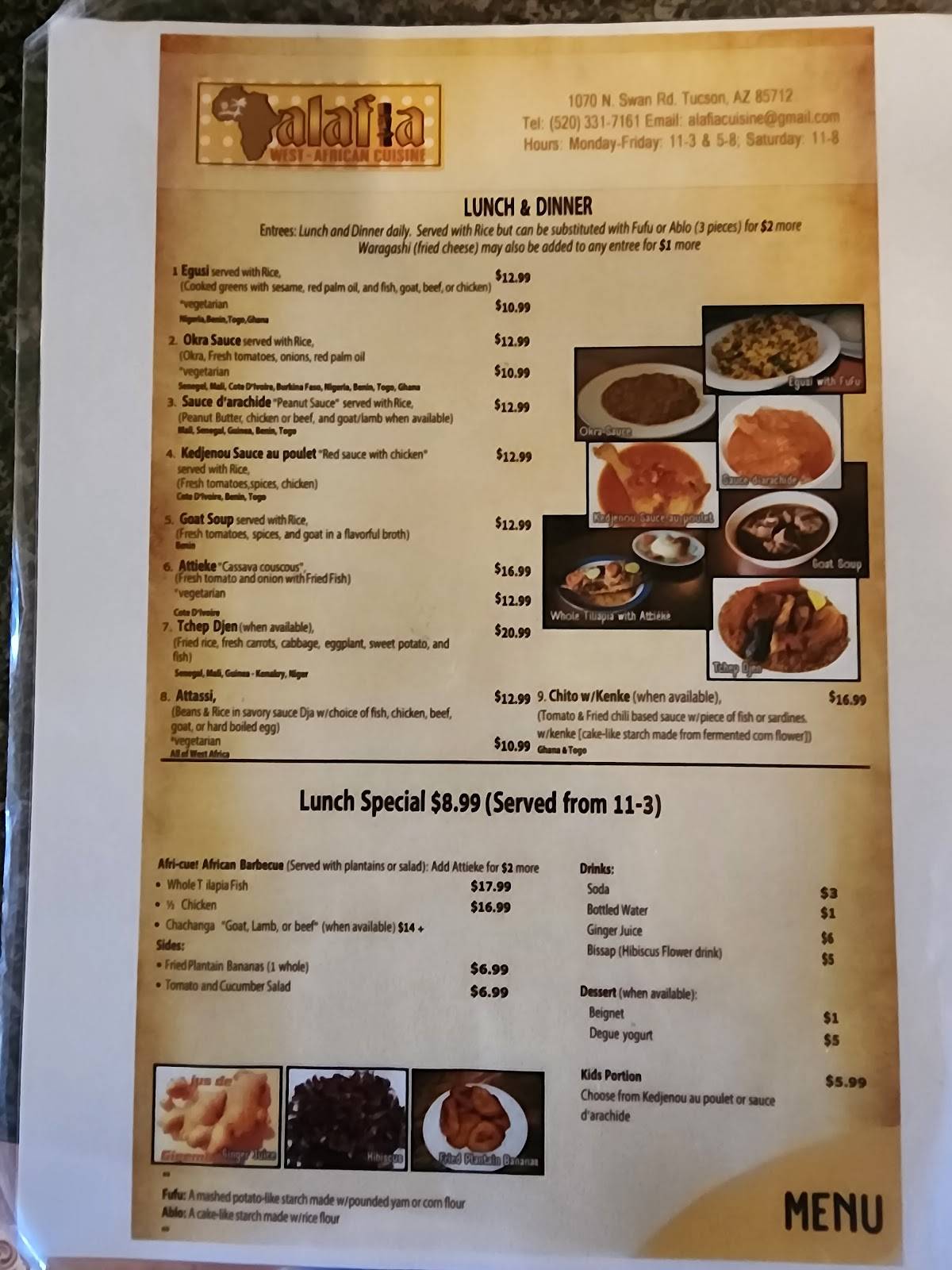 Menu at Alafia West African Cuisine Beninese Restaurant, Tucson, N Swan Rd