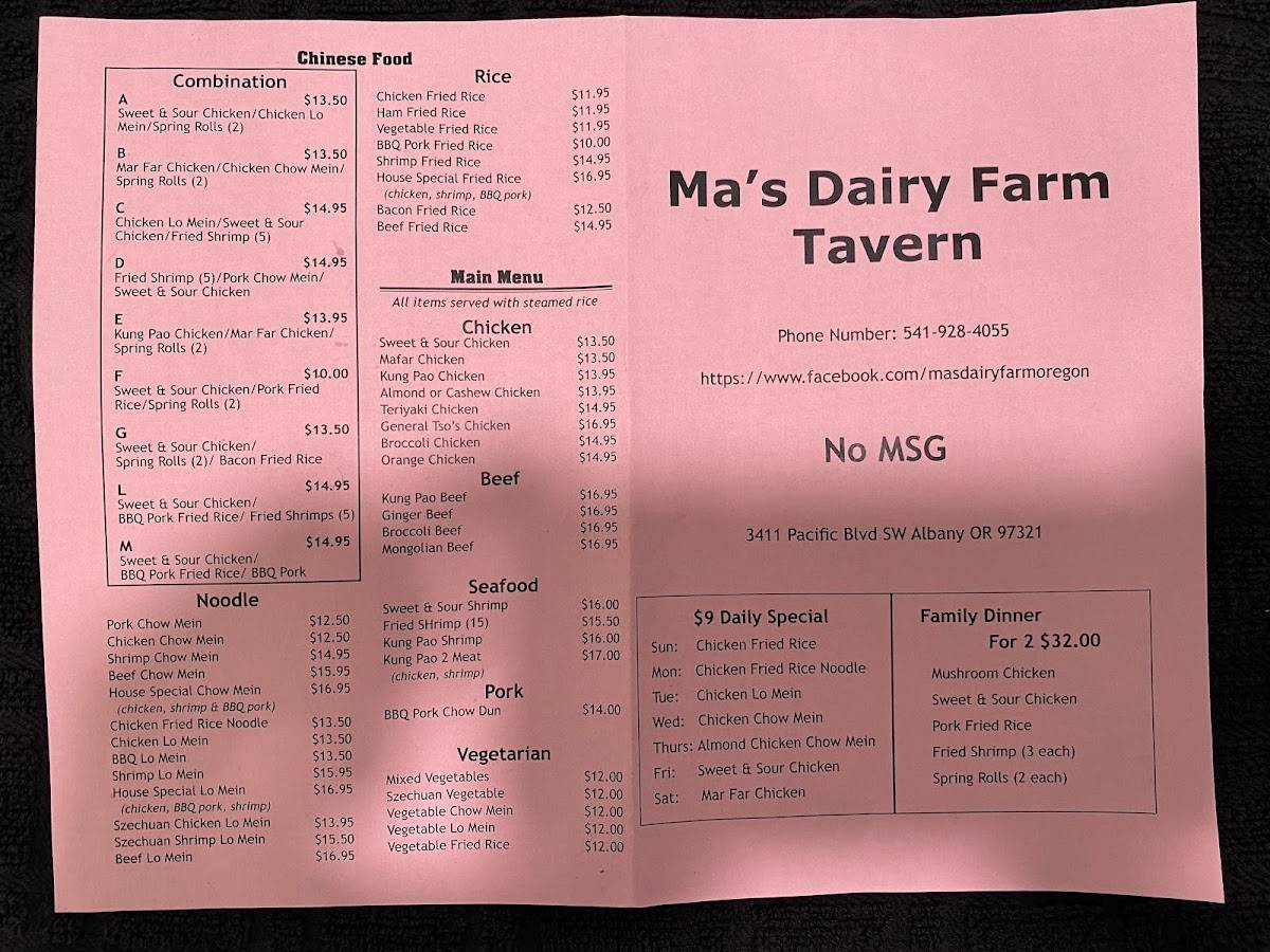 Menu at Ma’s Dairy Farm pub & bar, Albany