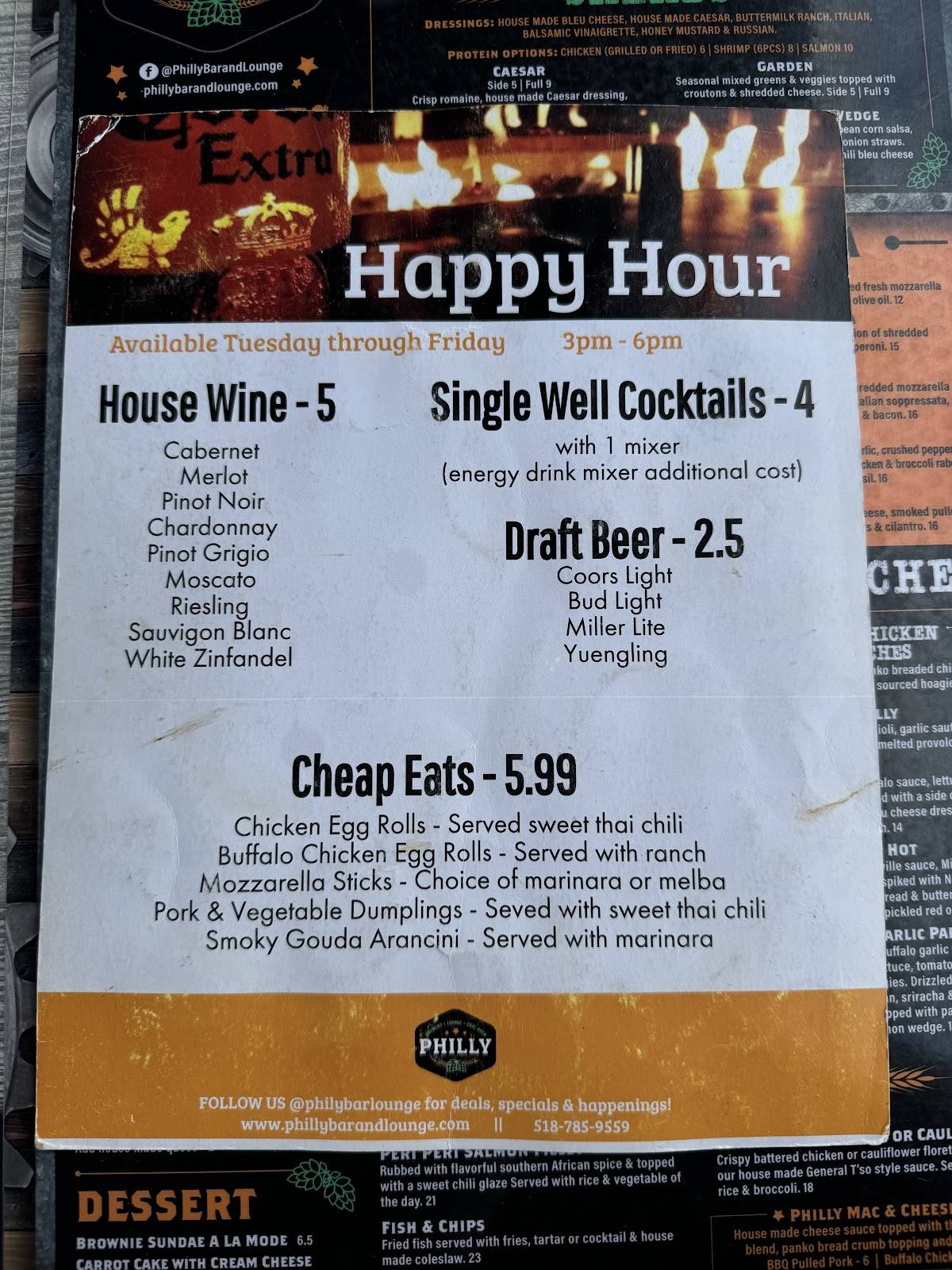 Menu at Philly Bar & Lounge, Latham, 622 Watervliet Shaker Rd