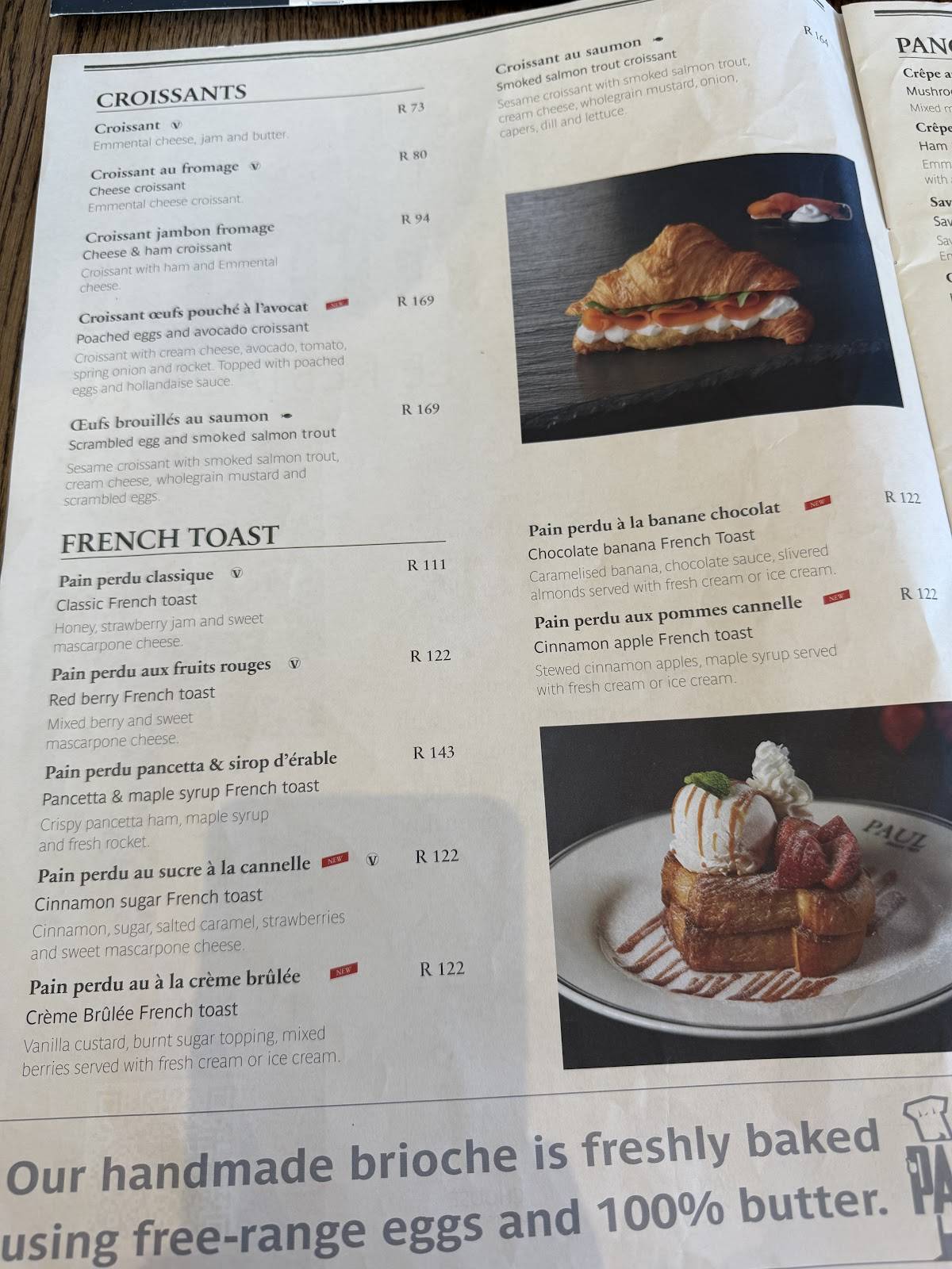Menu at Paul, New Redruth