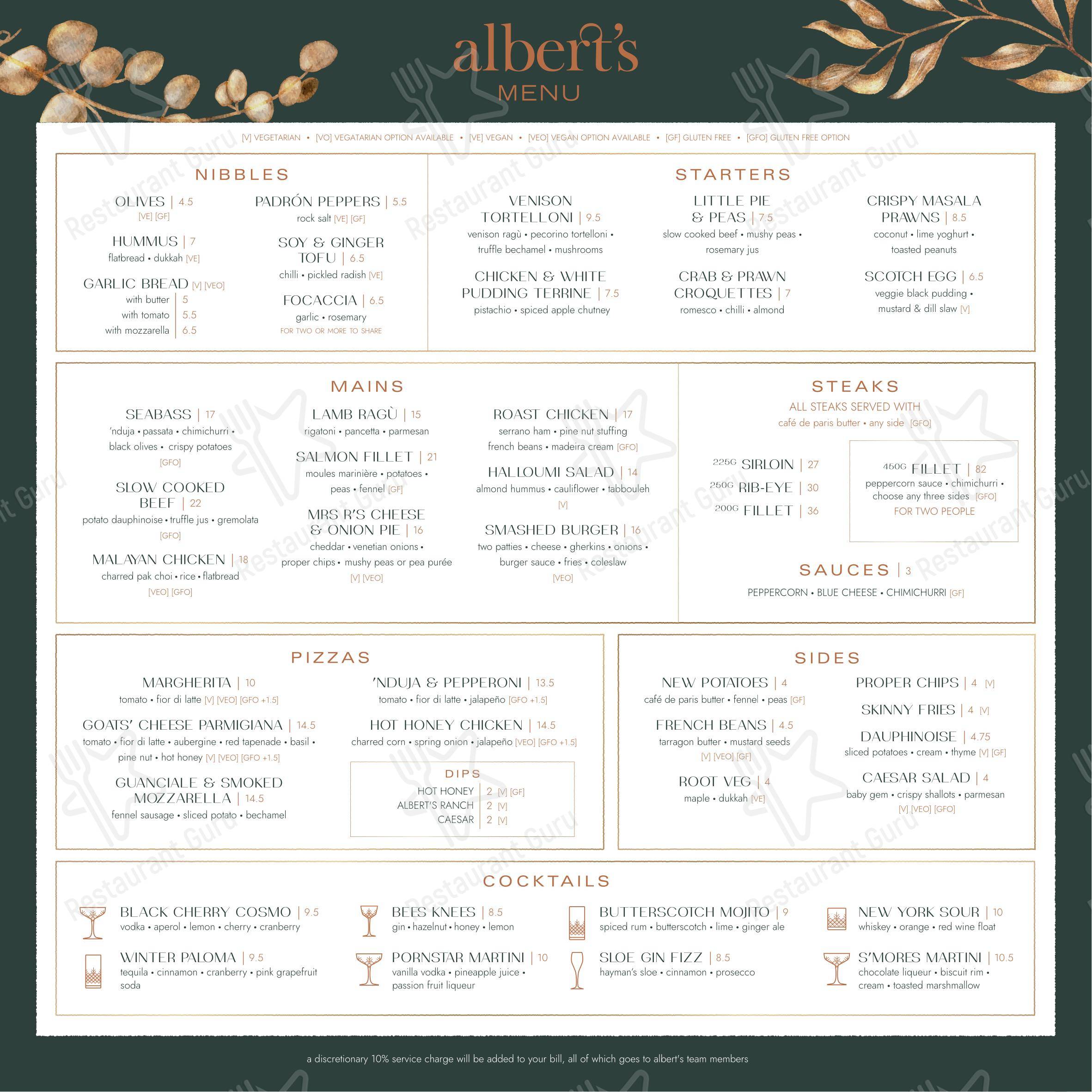 Menu at Albert's Standish restaurant, Wigan