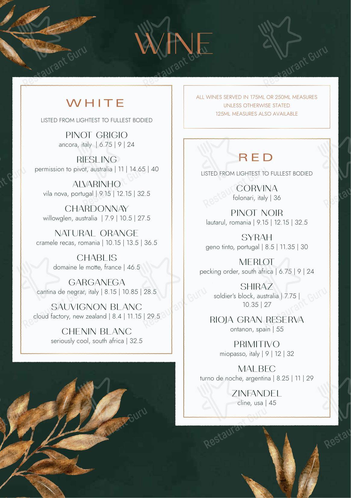Menu at Albert's Standish restaurant, Wigan