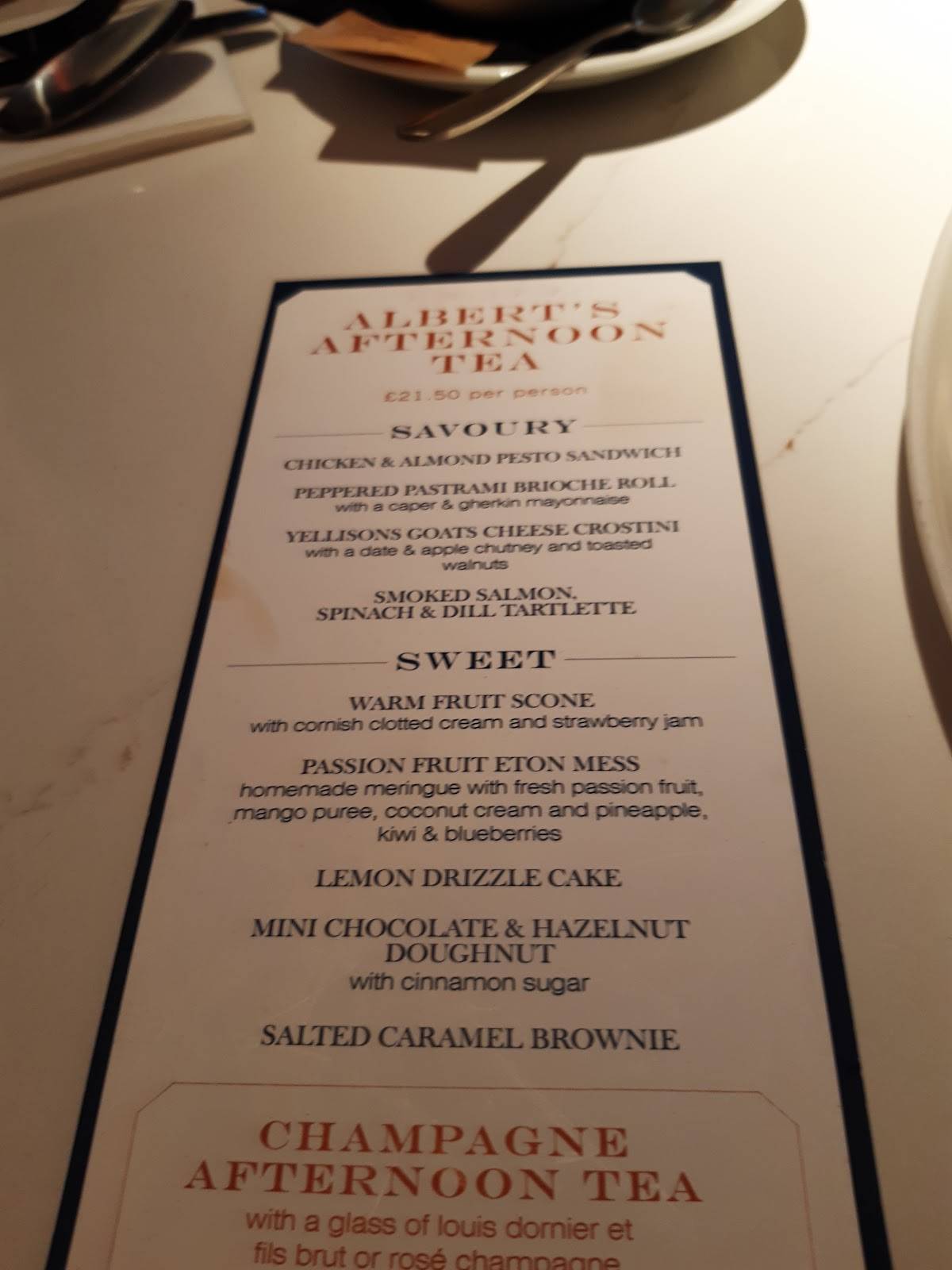 Menu at Albert's Standish restaurant, Wigan