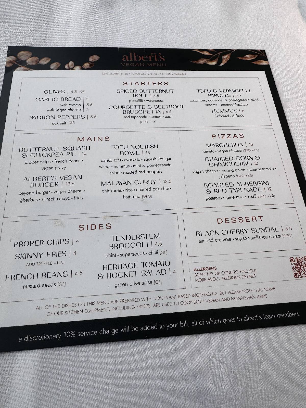 Menu at Albert's Standish restaurant, Wigan