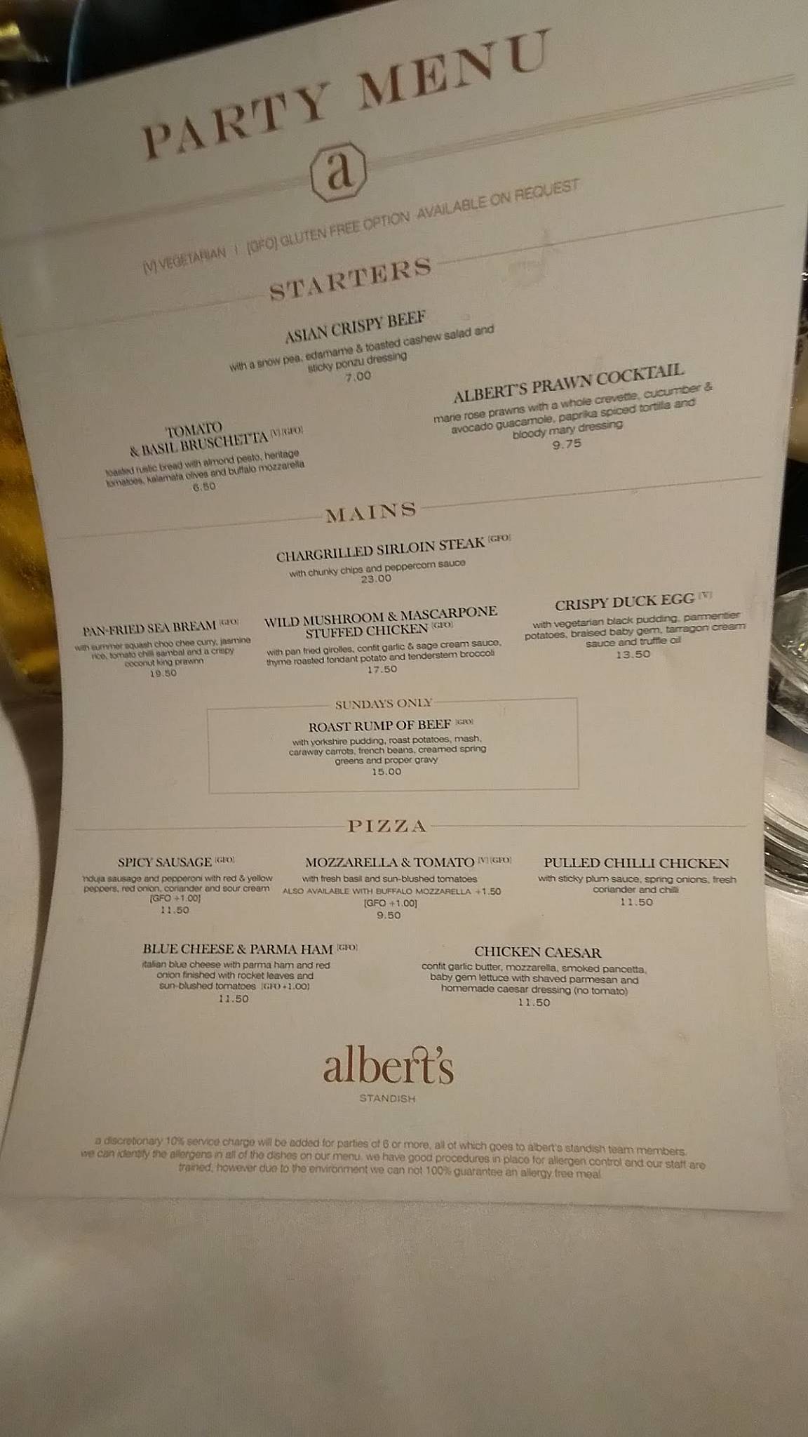 Menu at Albert's Standish restaurant, Wigan