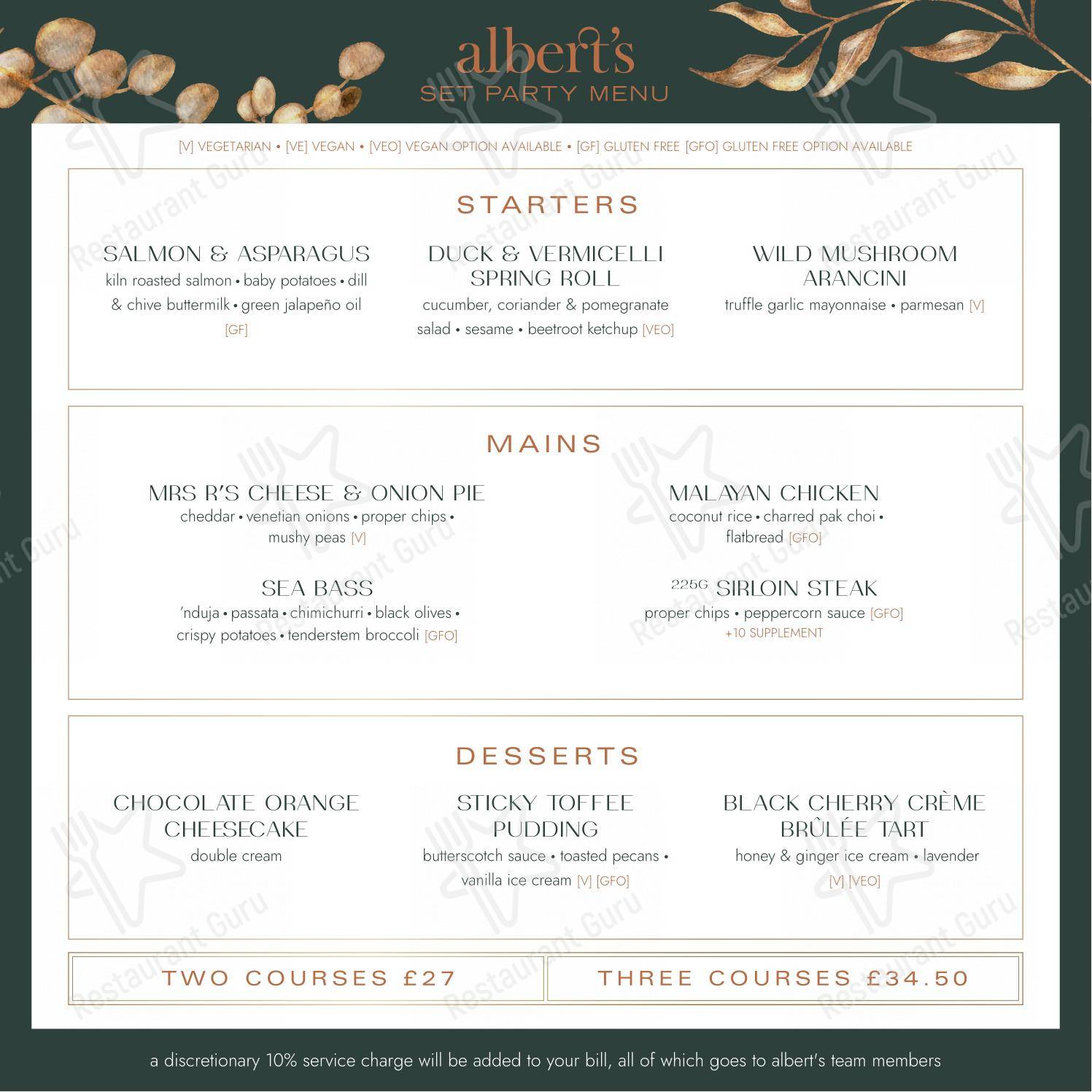 Menu at Albert's Standish restaurant, Wigan