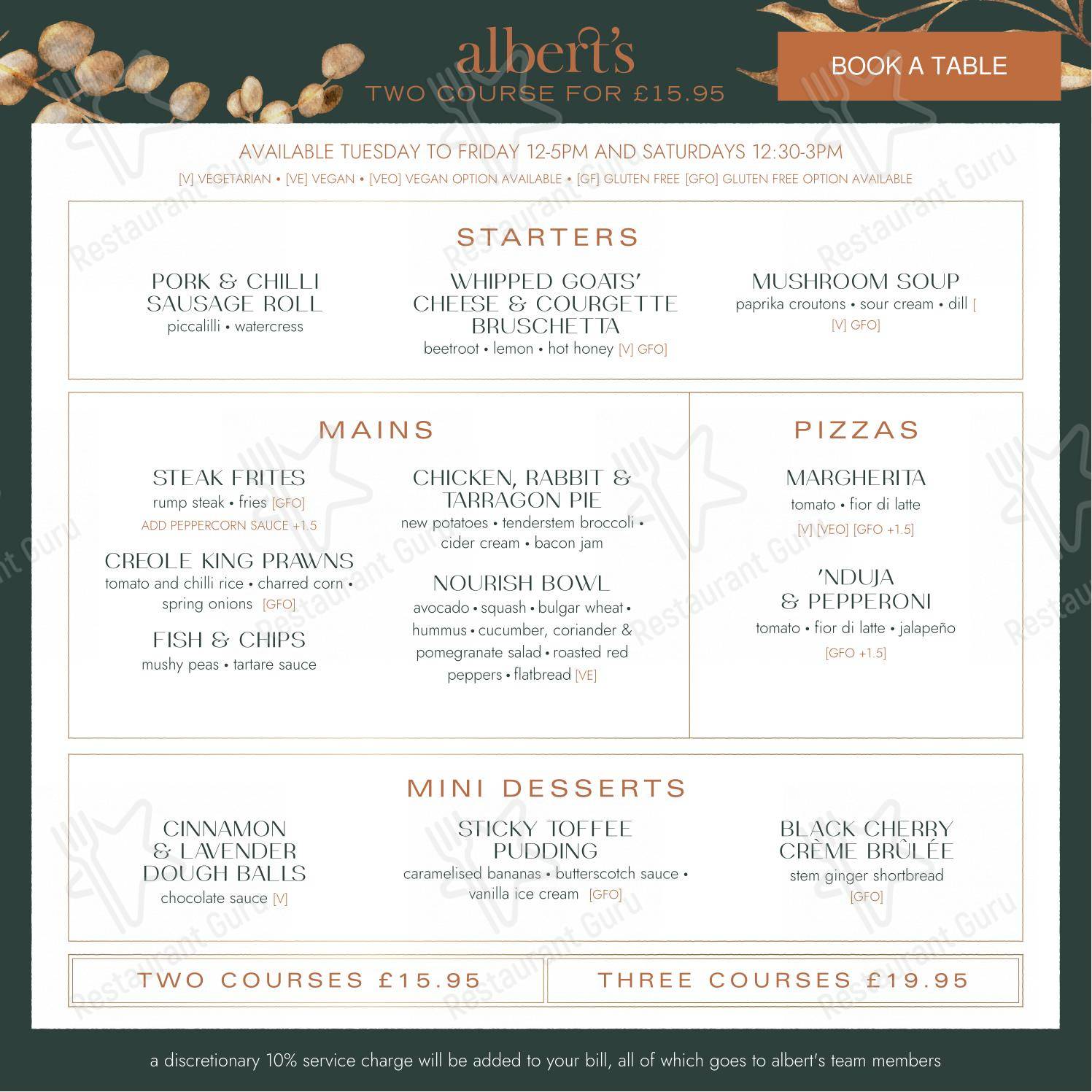 Menu at Albert's Standish restaurant, Wigan