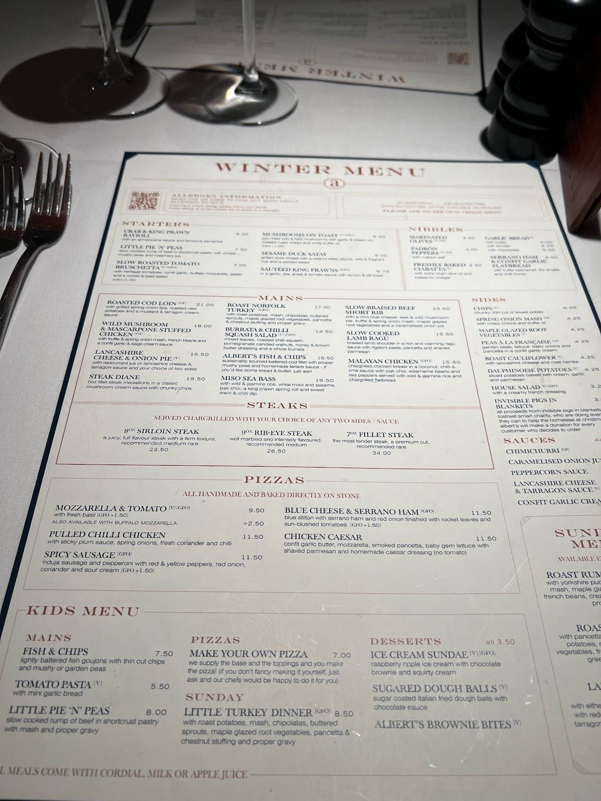 Menu at Albert's Standish restaurant, Wigan