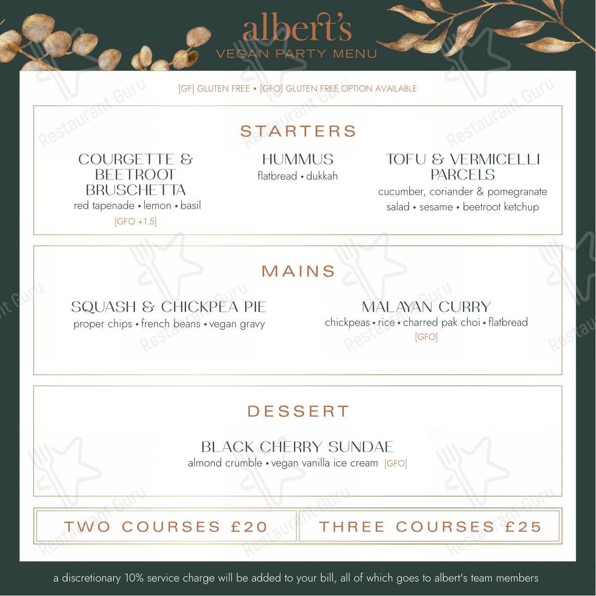 Menu at Albert's Standish restaurant, Wigan