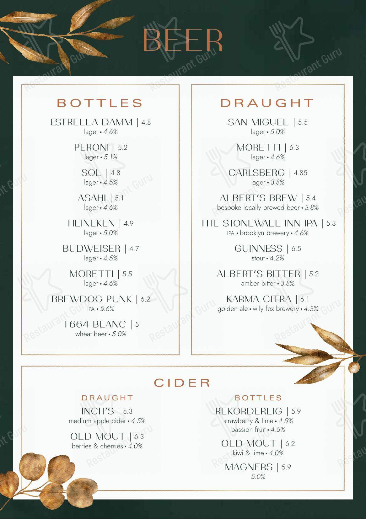 Menu at Albert's Standish restaurant, Wigan