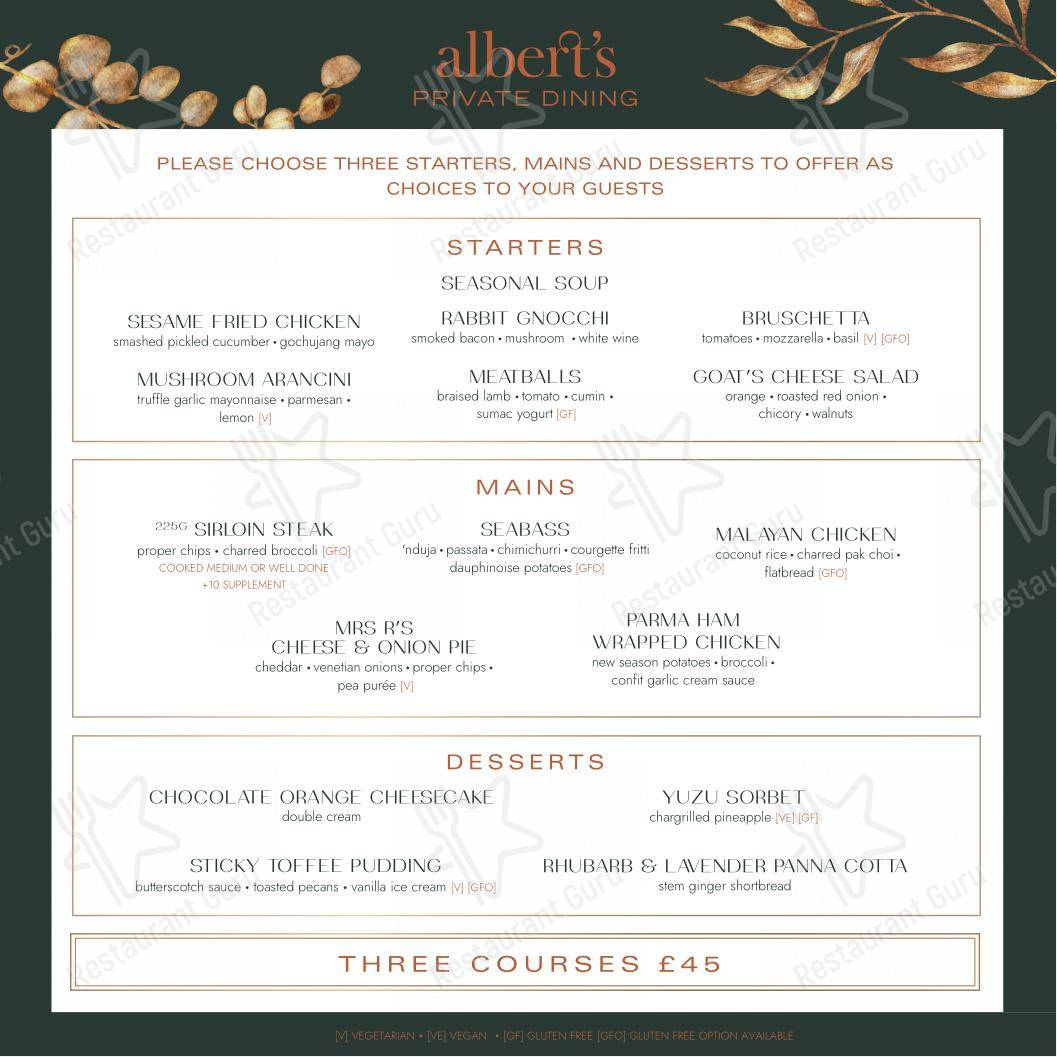 Menu at Albert's Standish restaurant, Wigan