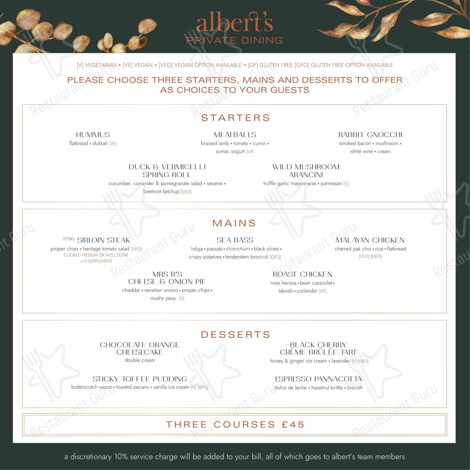 Menu at Albert's Standish restaurant, Wigan