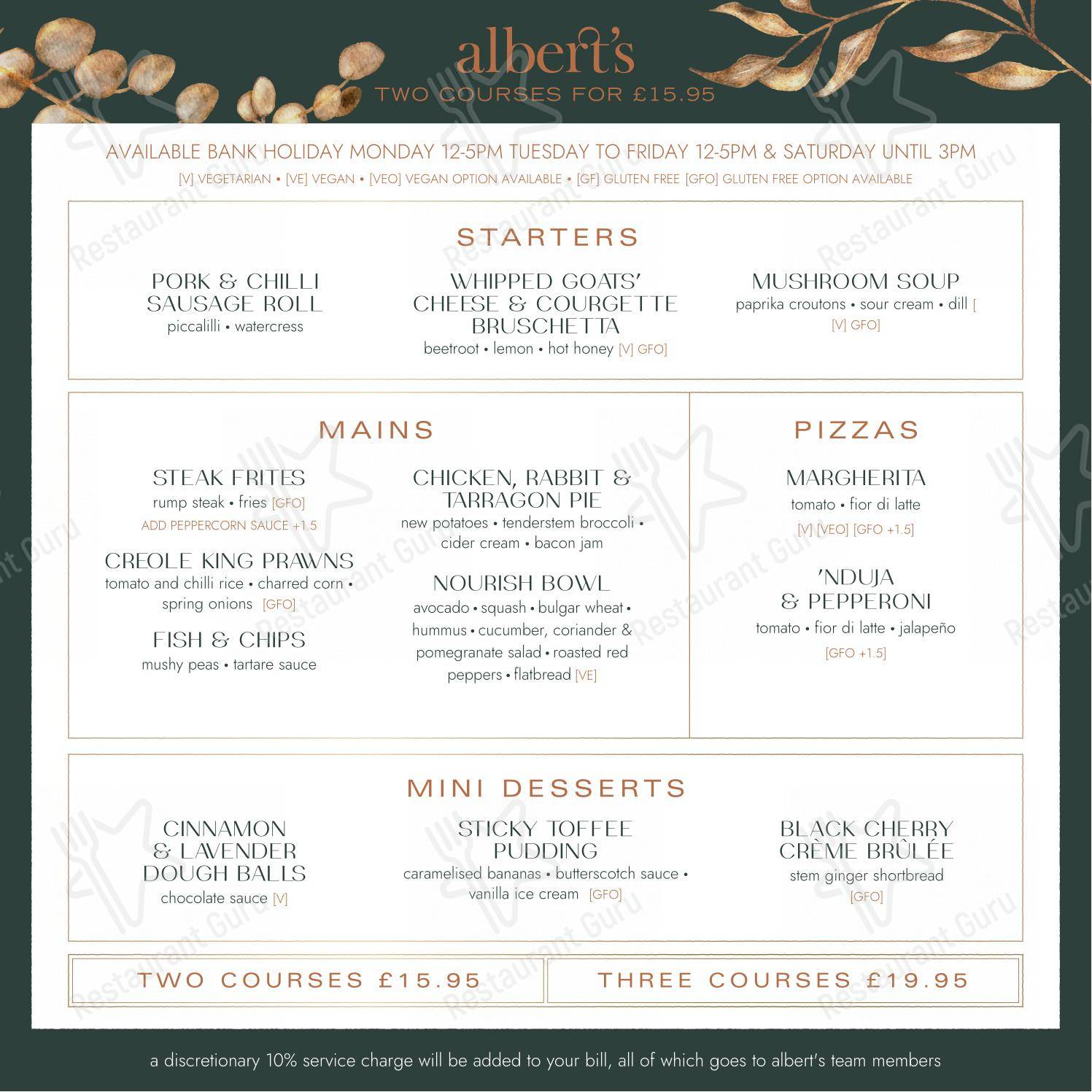 Menu at Albert's Standish restaurant, Wigan