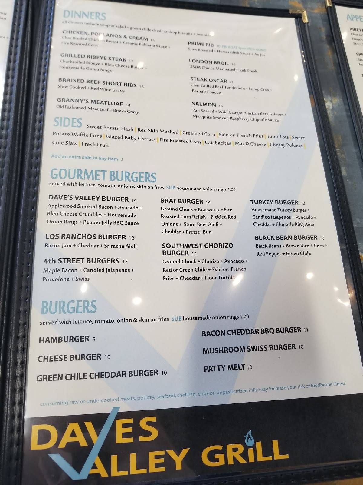 Menu at Dave's Valley Grill cafe, Los Ranchos de Albuquerque