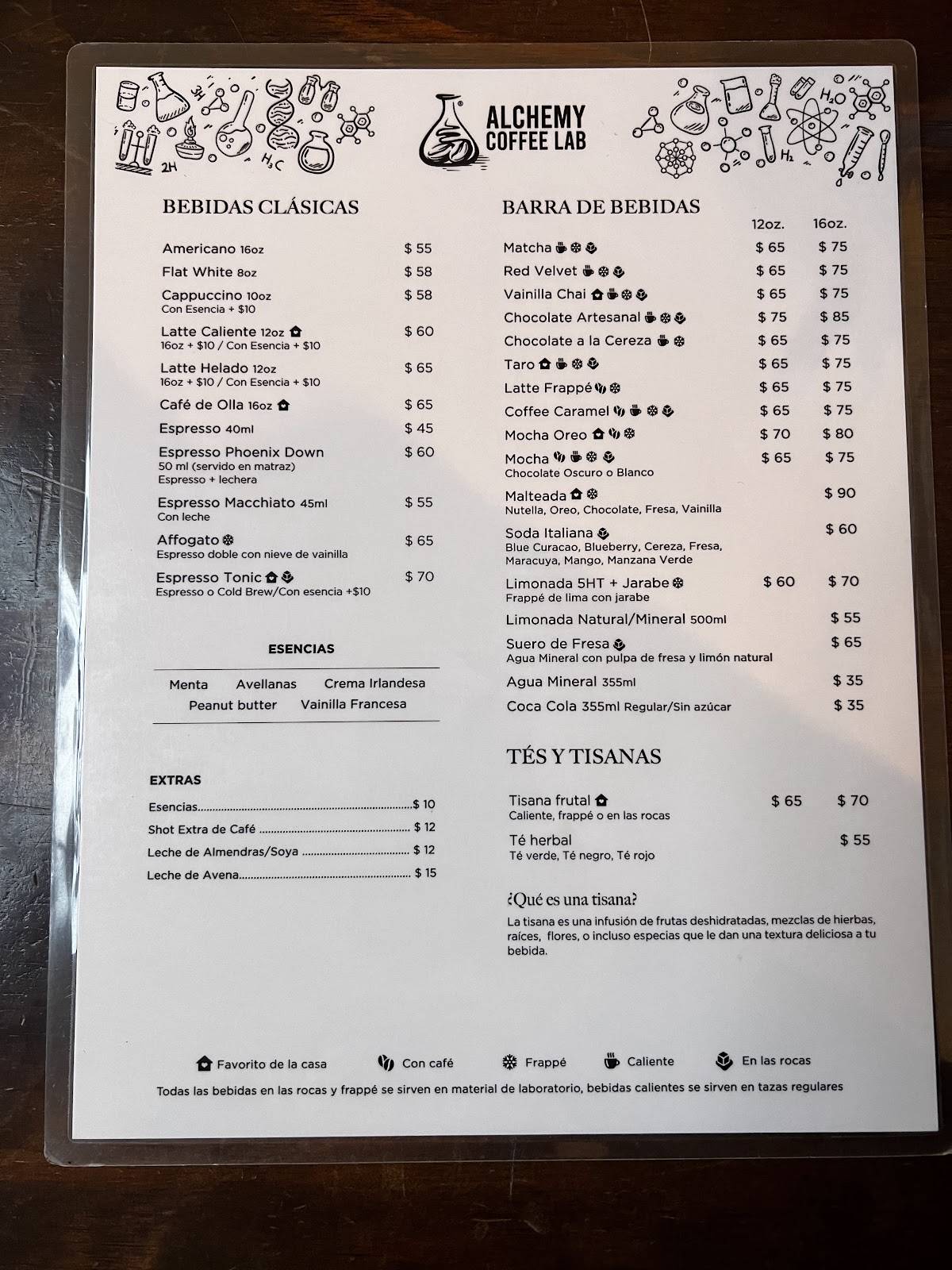 Carta de cafetería Alchemy Coffee Lab, Monterrey, Bruselas 902