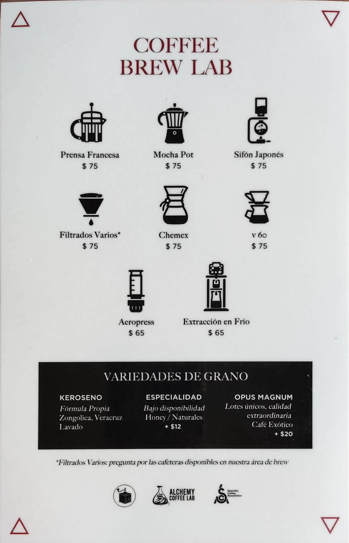 Carta de cafetería Alchemy Coffee Lab, Monterrey, Bruselas 902