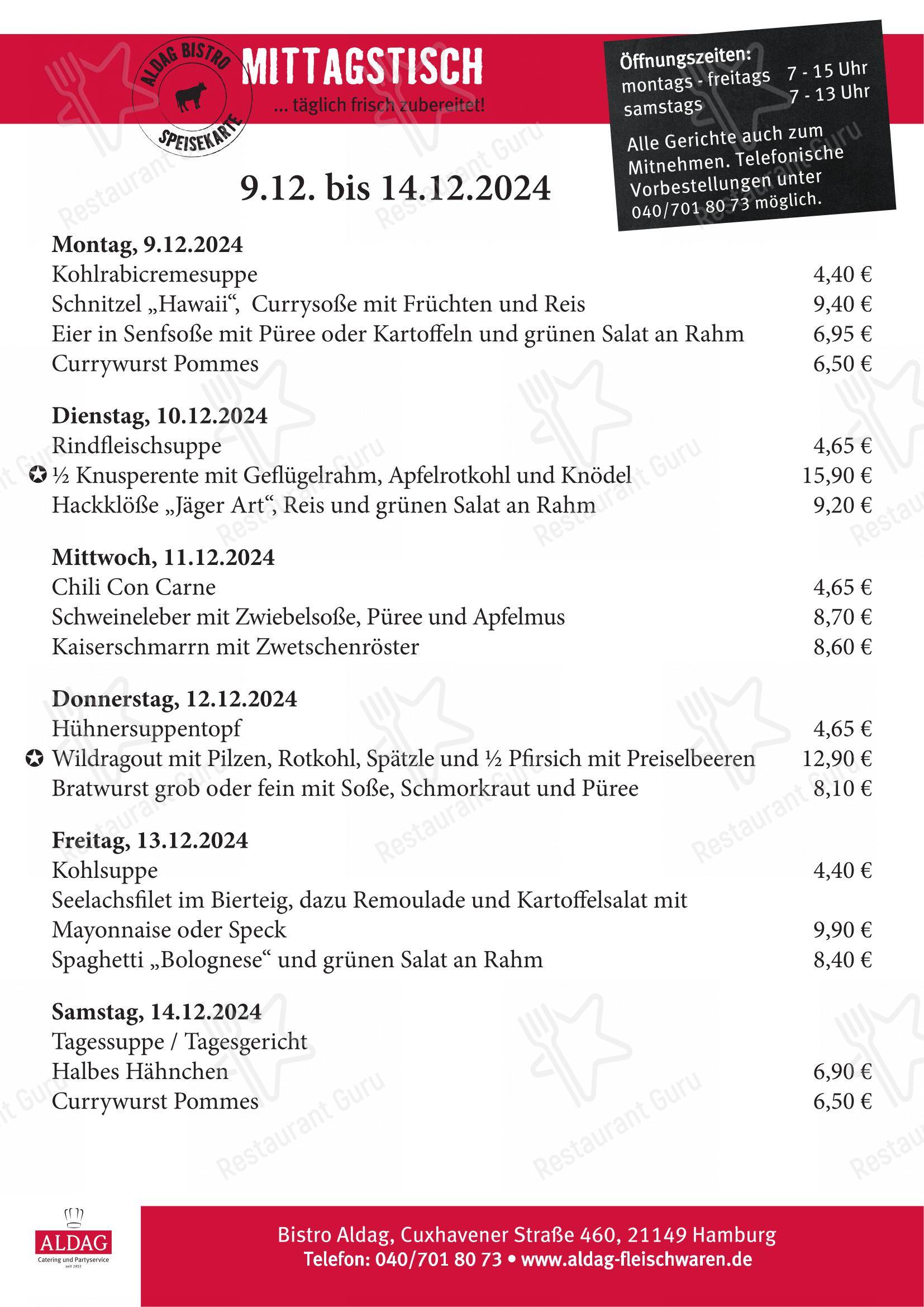Speisekarte von Aldag Fleischerei, Bistro & Catering restaurant, Hamburg