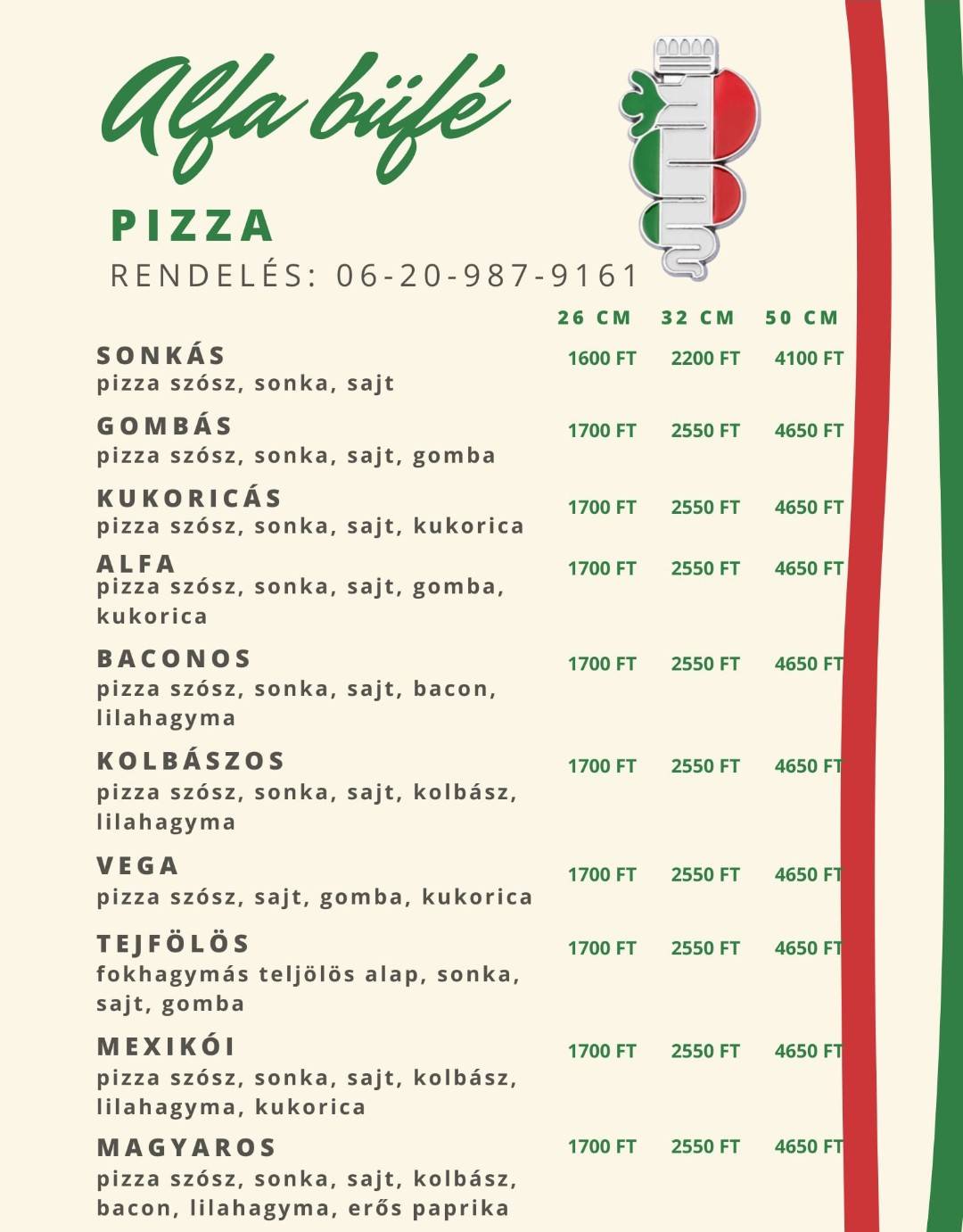Menu at Alfa Büfé restaurant, Mezőberény