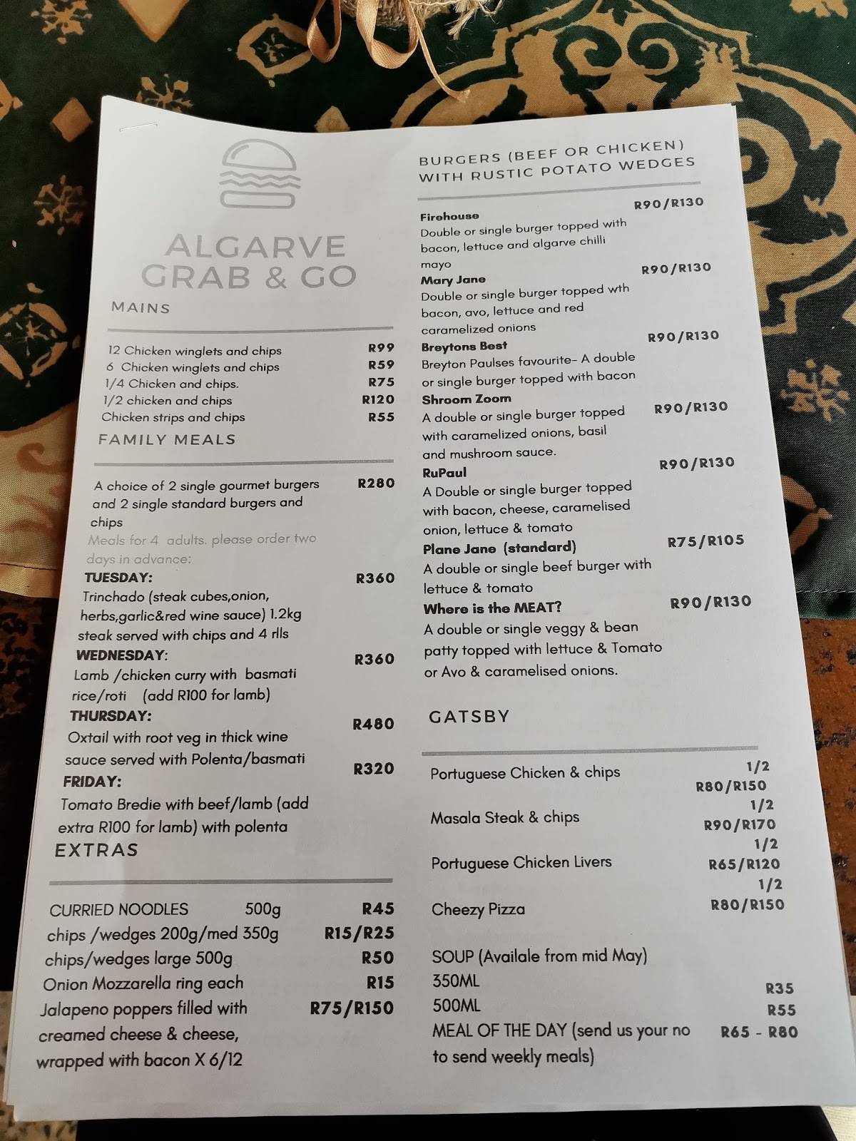 Menu at Algarve Restaurant & Bar, Cape Town