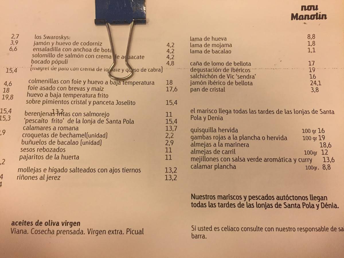 Carta del restaurante Nou Manolín, Alicante, Calle Villegas