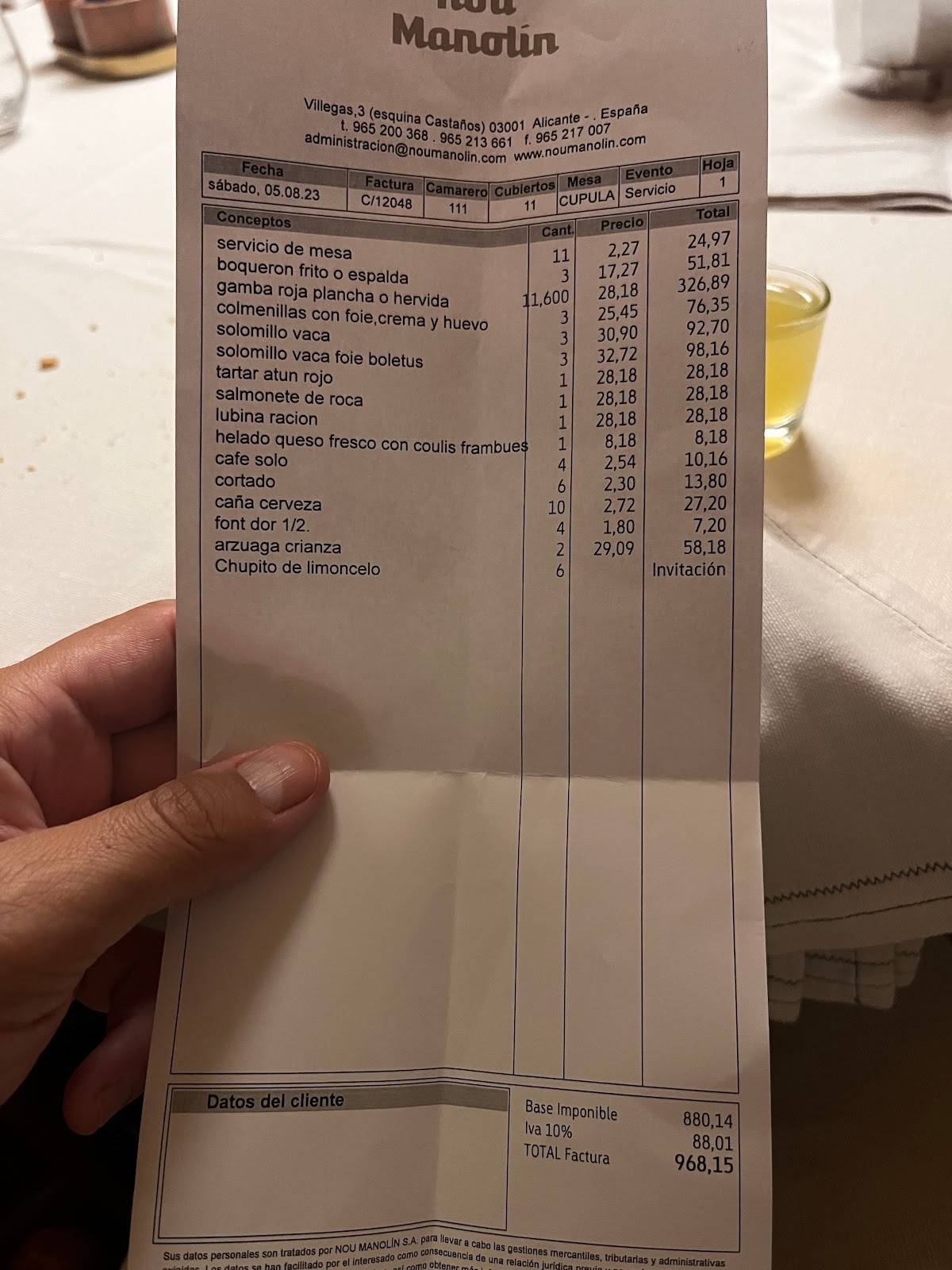 Carta del restaurante Nou Manolín, Alicante, Calle Villegas