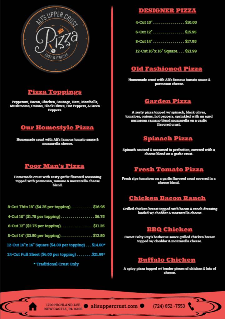 Menu at Ali’s Upper Crust pizzeria, New Castle, Highland Ave
