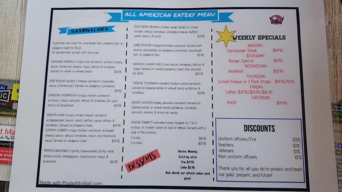 Menu at All American Eatery & Catering Co. restaurant, Lubbock